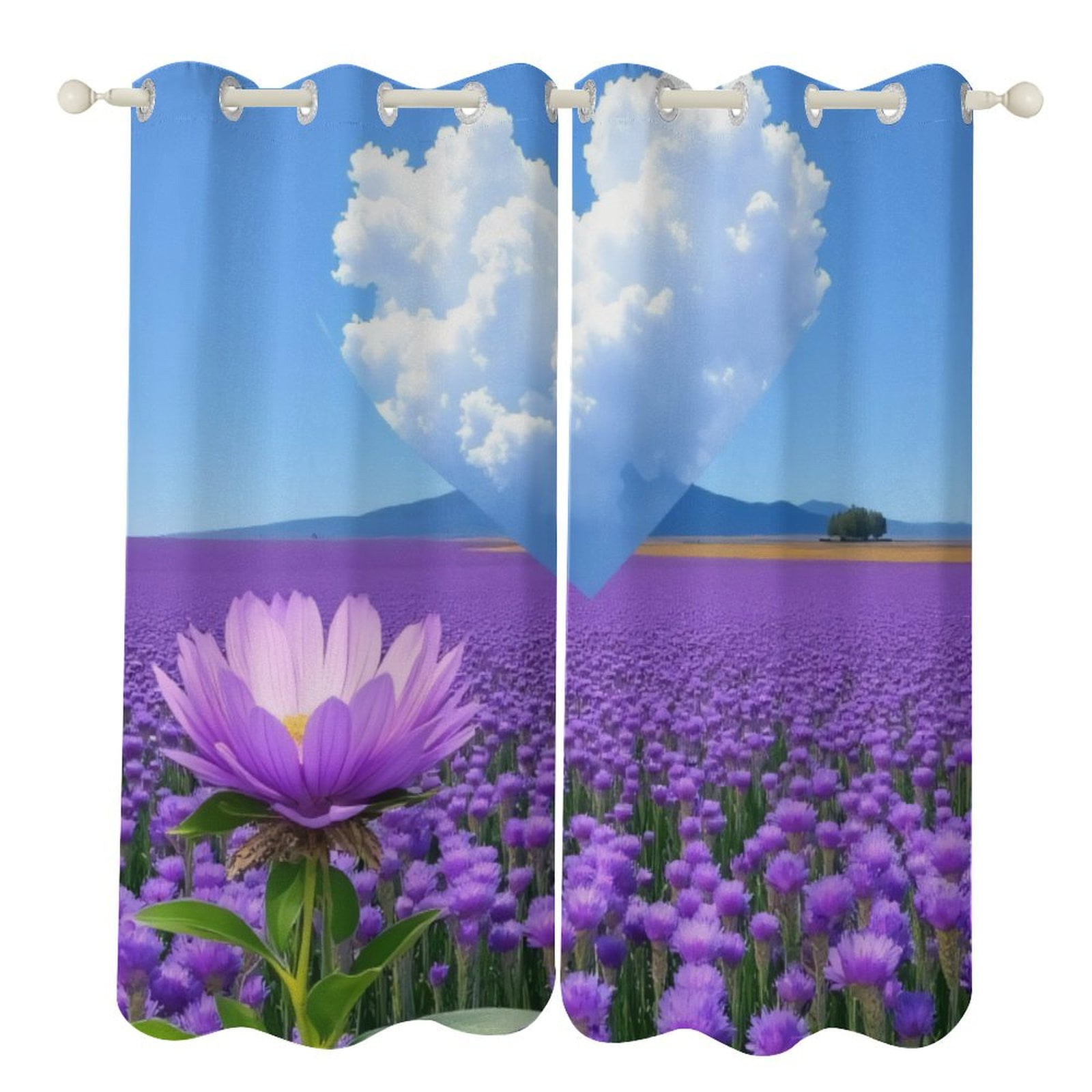 Purple Flower Field Heart Cloud Luxury Window Curtains Blinds for ...