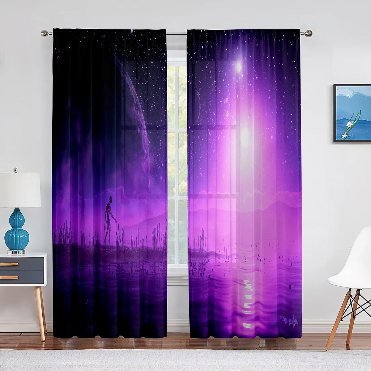 Purple Flower Field Lonely Tree Fantasy Sky Tulle Curtains for Living ...