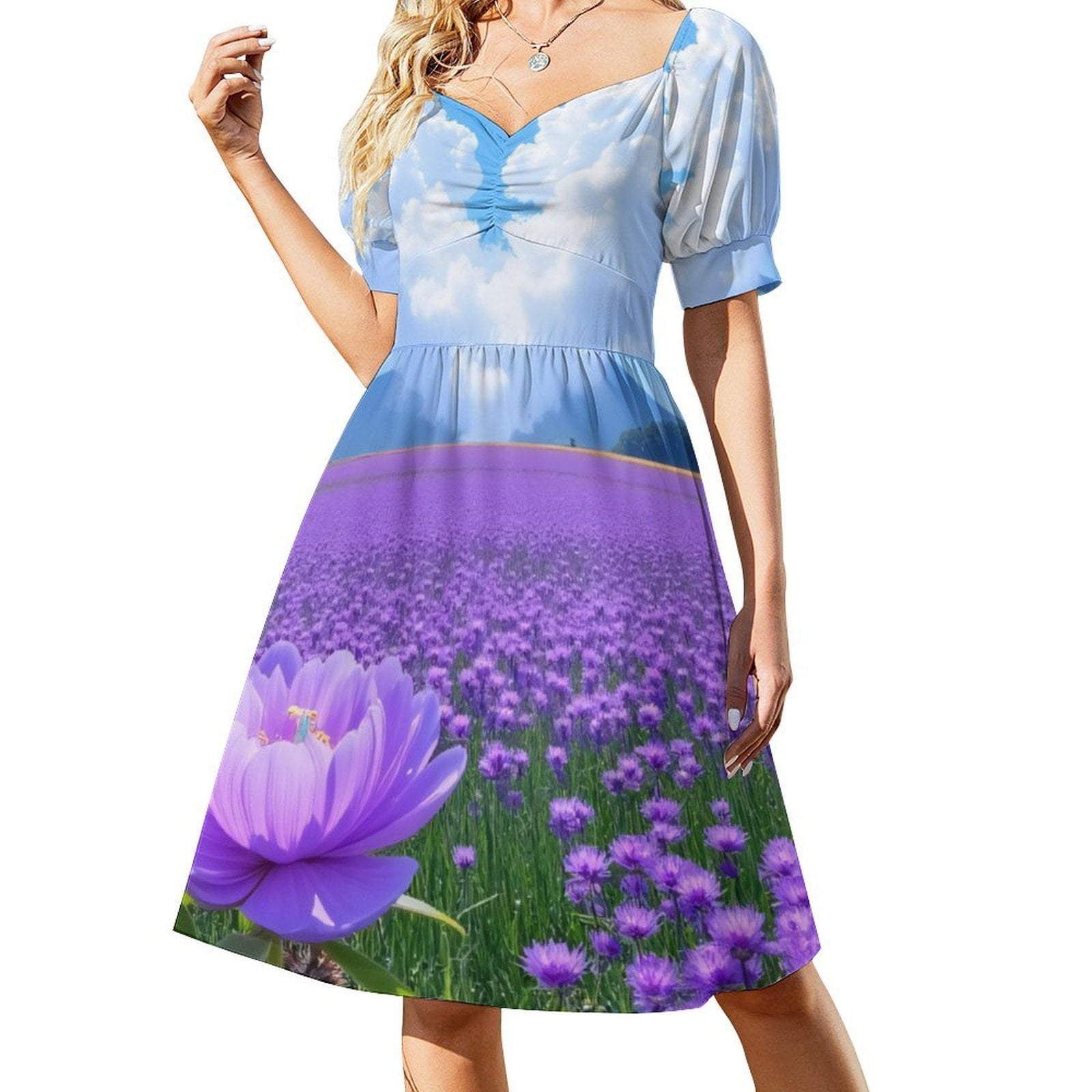 Purple Flower Field Under Cloudy Sky Summer Women's Dress 2025 Elegant ...