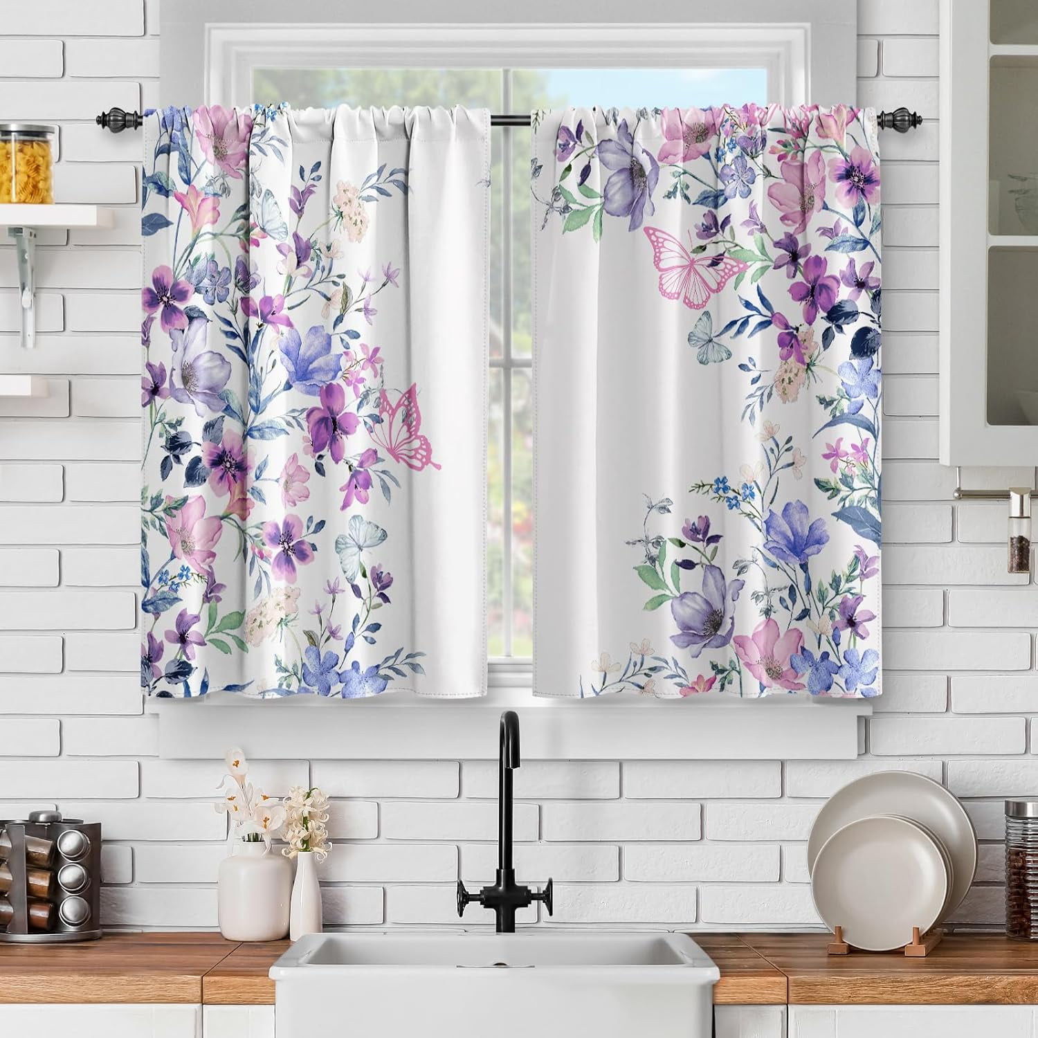 Purple Flower Floral Kitchen Curtains - Small Short Cafe Natural ...