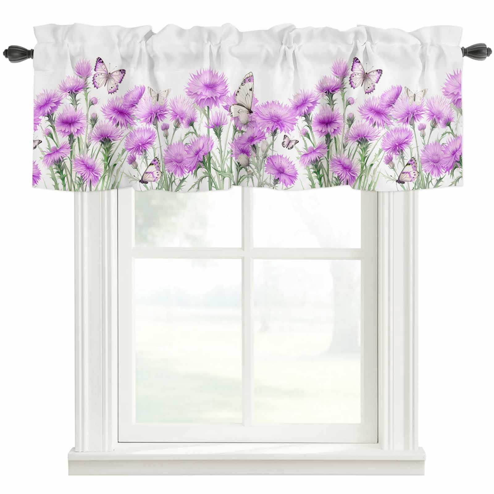 Purple Flower Floral Window Valance Curtain Butterfly Branch Leaves Rod ...