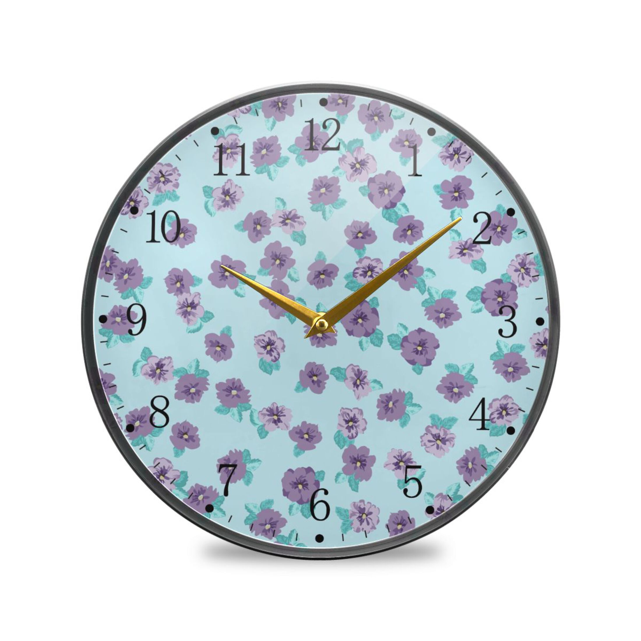 Purple Flower Floral on Blue Acrylic Wall Clocks Quiet Round Clock ...