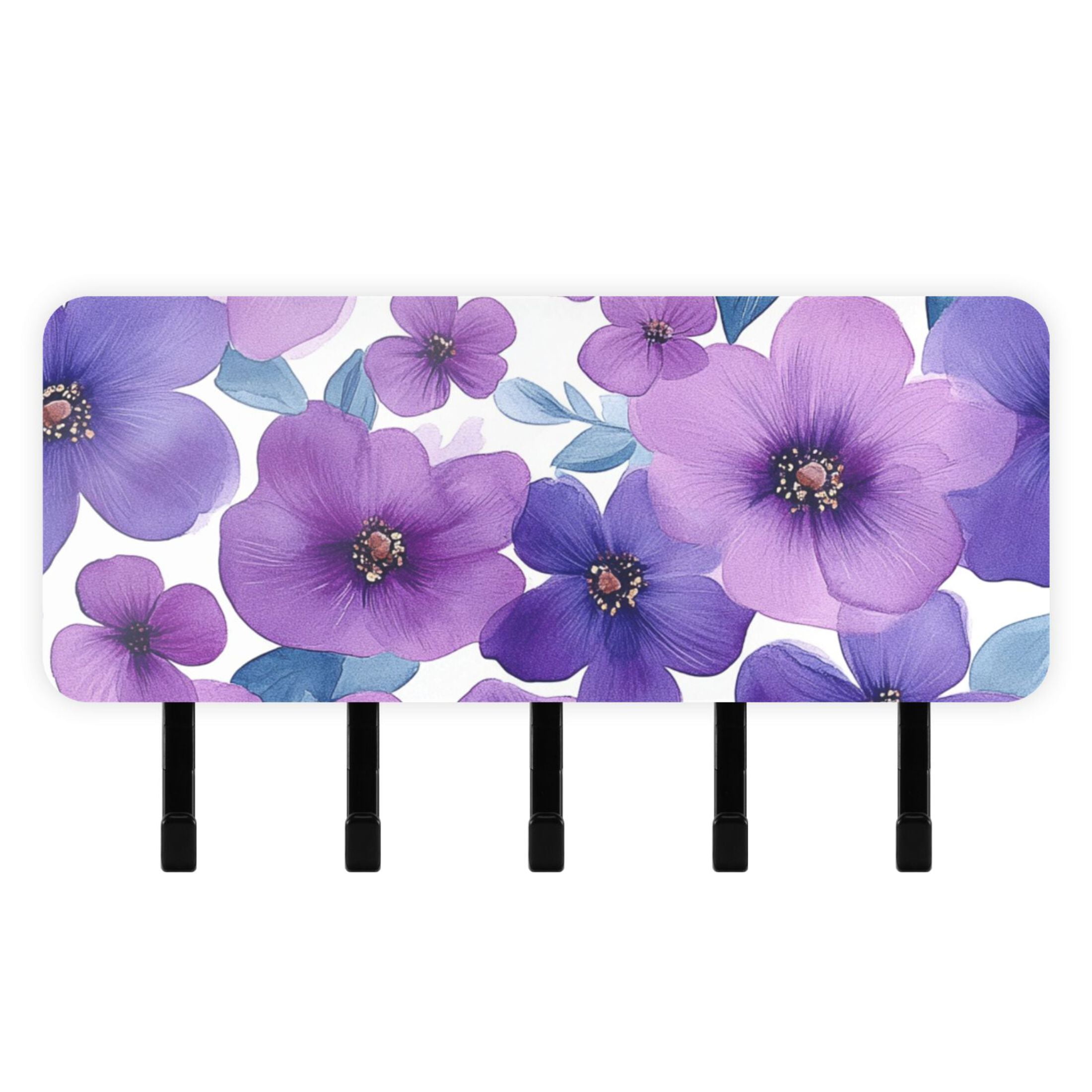 Purple Flower Hand Painted Watercolor Key Holder Wall Mount Small Metal ...