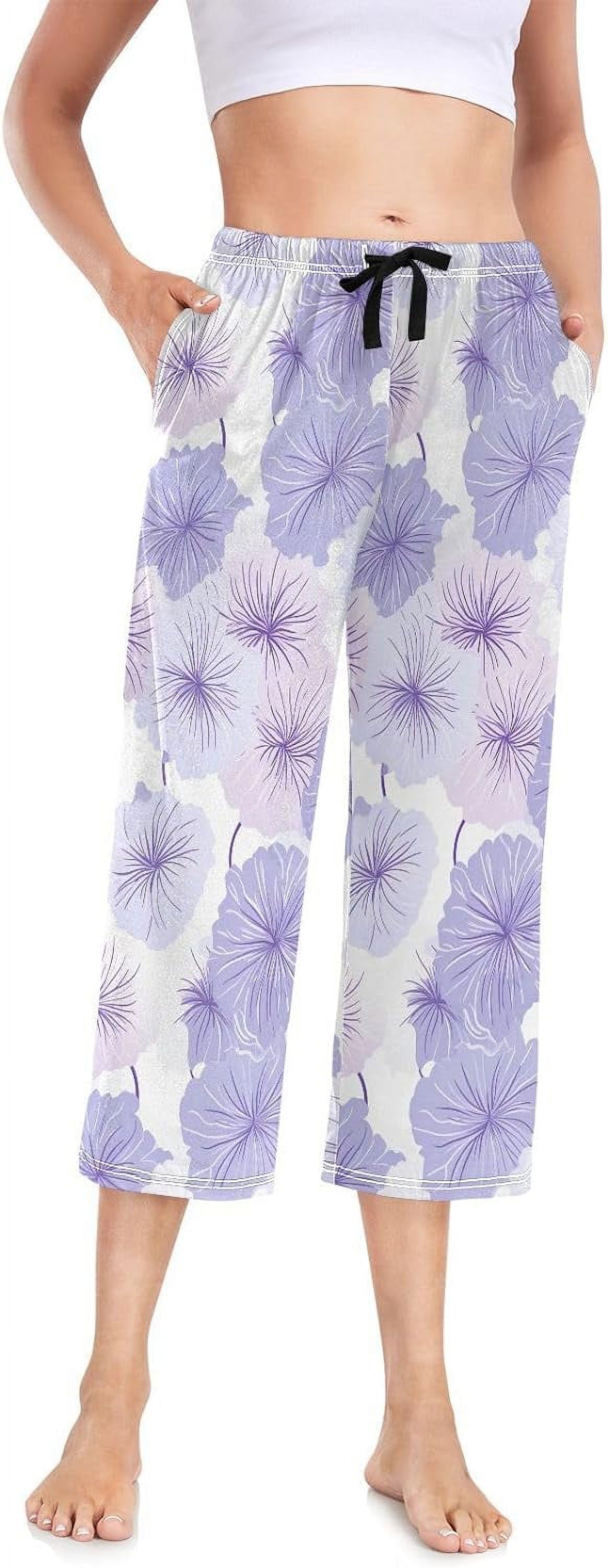 Purple Flower Leaves Womens Pajama Pants Comfy Capri Lounge Pants ...
