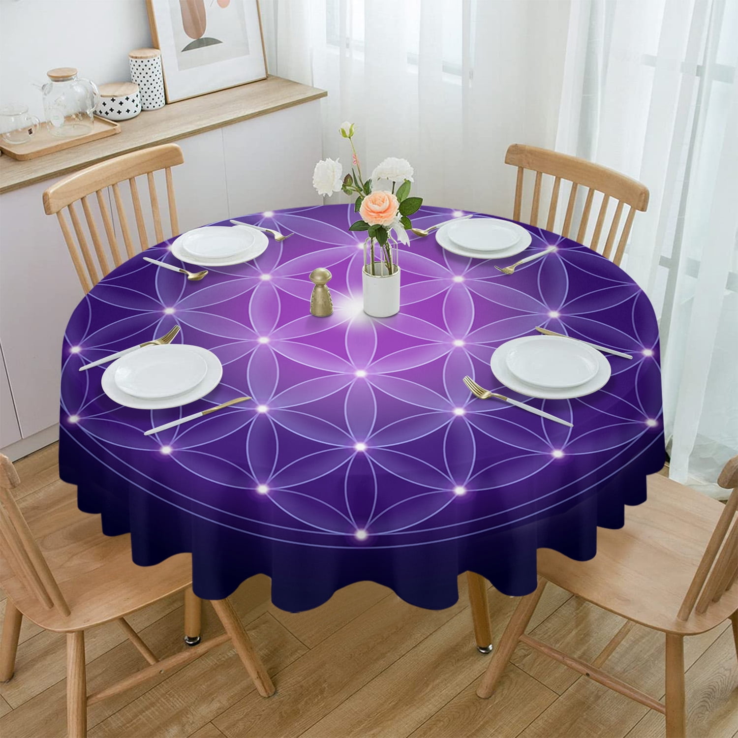 Purple Flower Of Life Round Tablecloths for Dining Table Waterproof ...