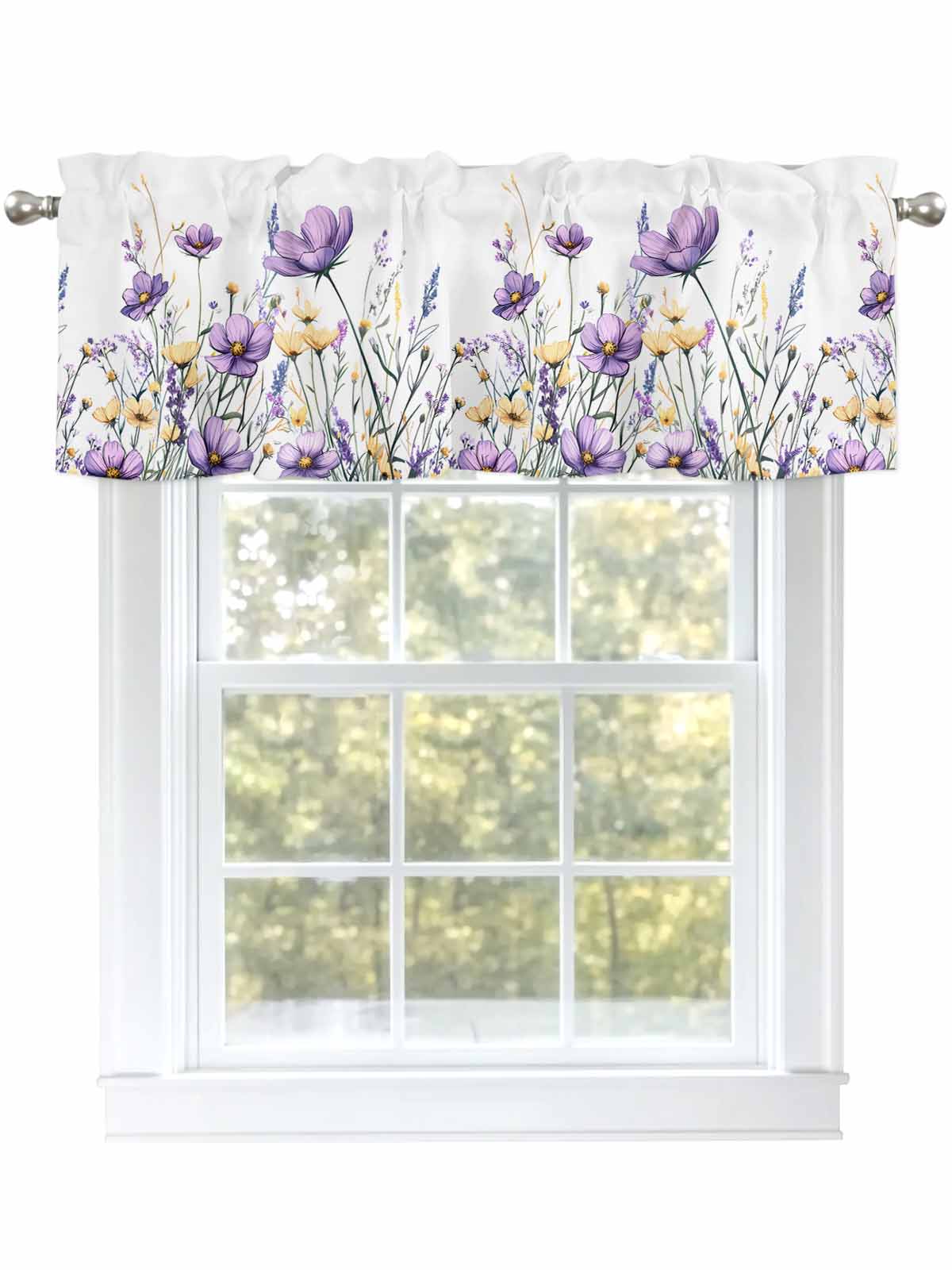 Purple Flower Plant Leaf Field Valances Curtain Kitchen Rod Pocket ...