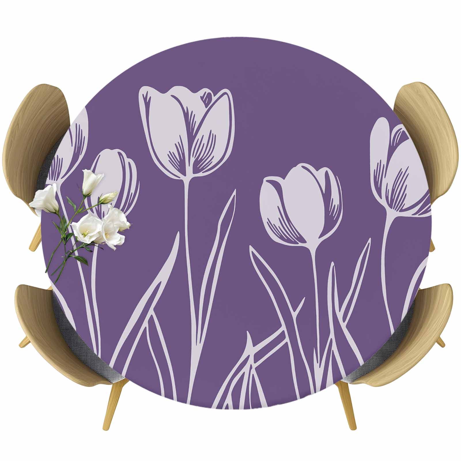 Purple Flower Round Tablecloth 55-60 Inch Round Fitted Table Cloth with ...