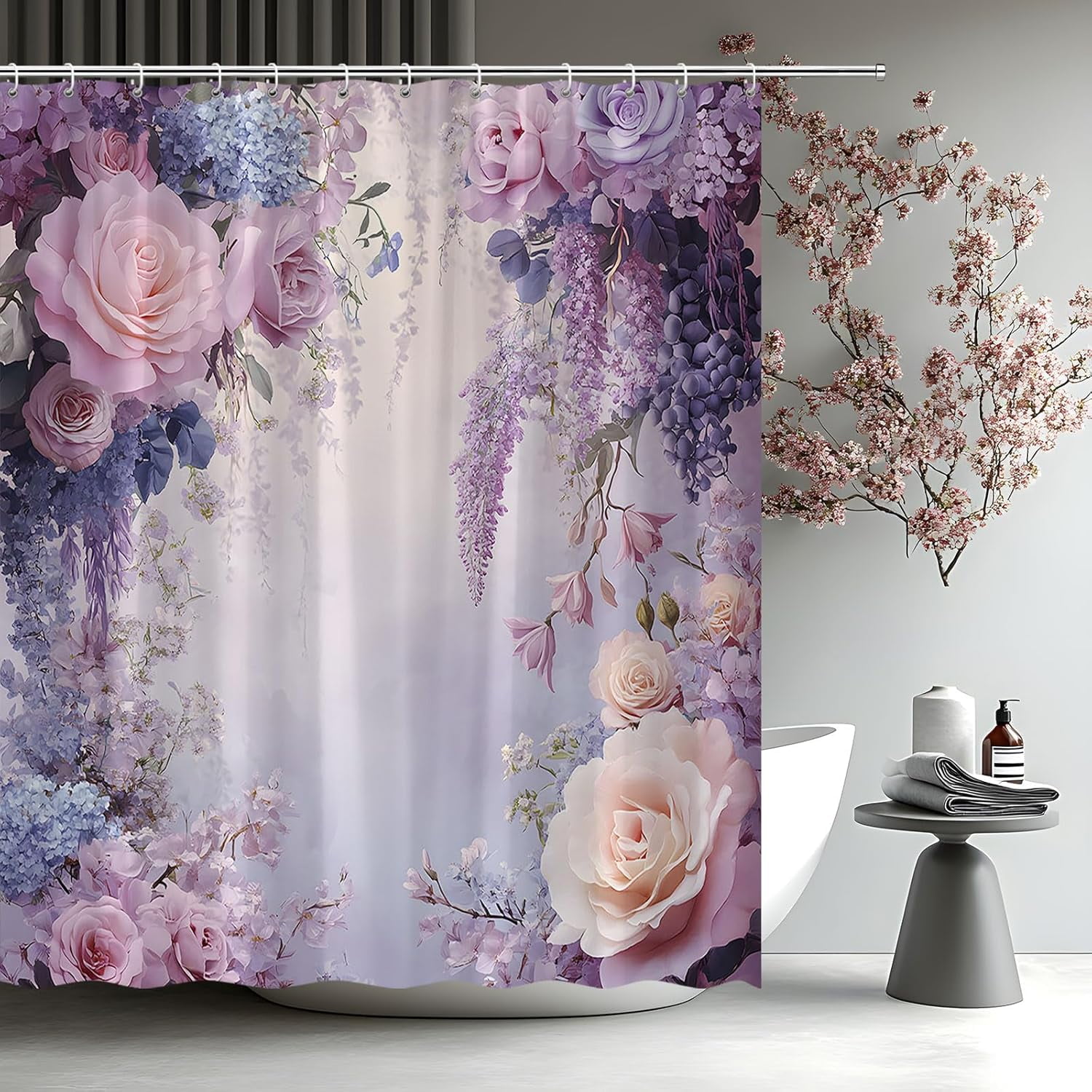 Purple Flower Shower Curtain Violet Vine Floral Blue Hydrangea Rose ...