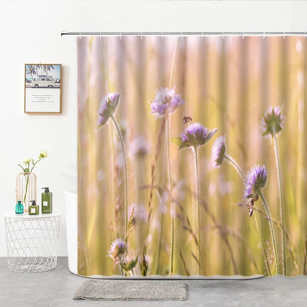 Purple Flower Shower Curtains Fabric Hook Plants And Flowers Idyllic ...