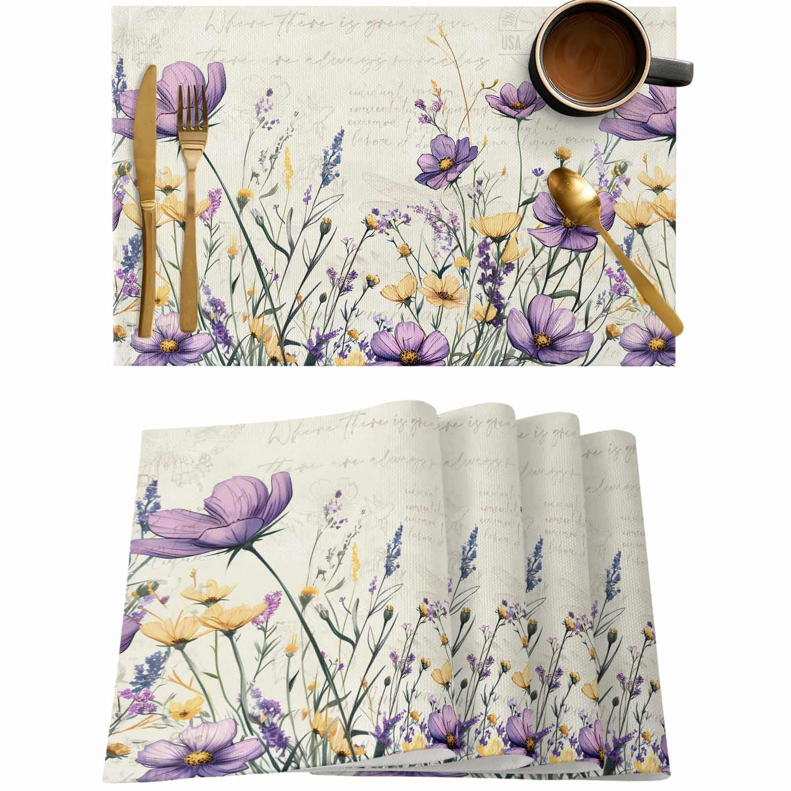 Purple Flower Spring Floral Plant Placemats Set of 4,Wipeable Washable ...