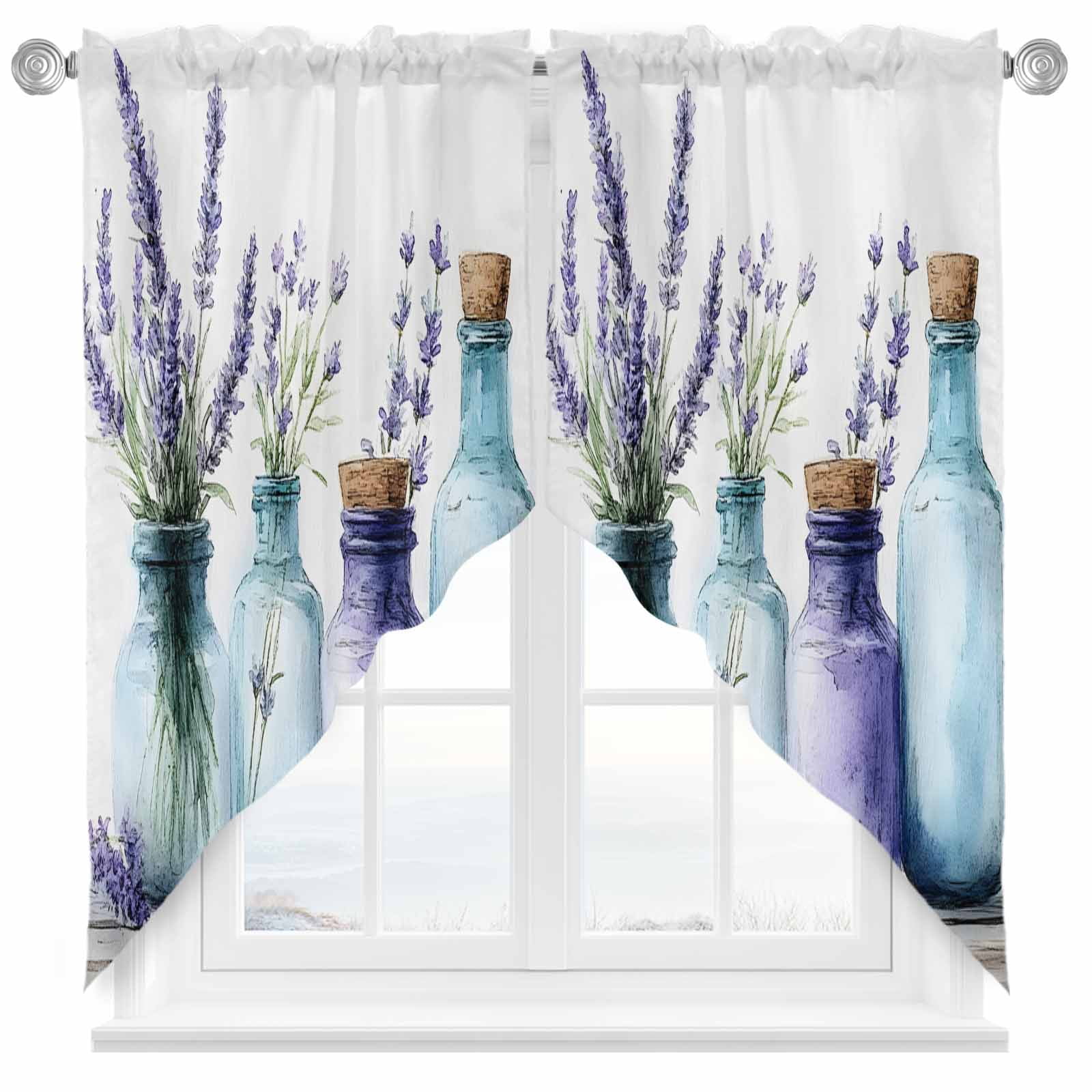 Purple Flower Swag Kitchen Curtain Valances, Watercolor Retro Purple ...
