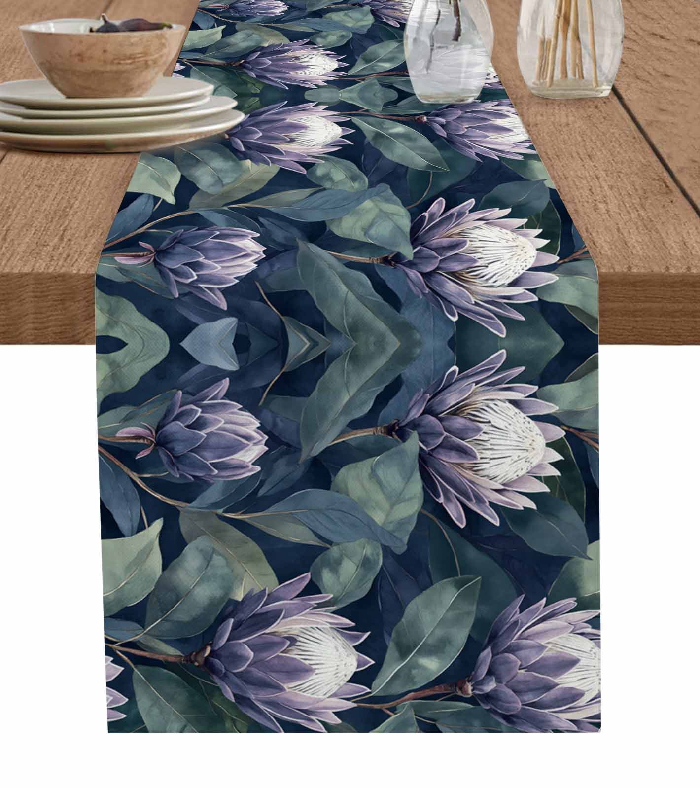 Purple Flower Table Runner 72 Inches, Botanical Budding Flowers Leaf ...
