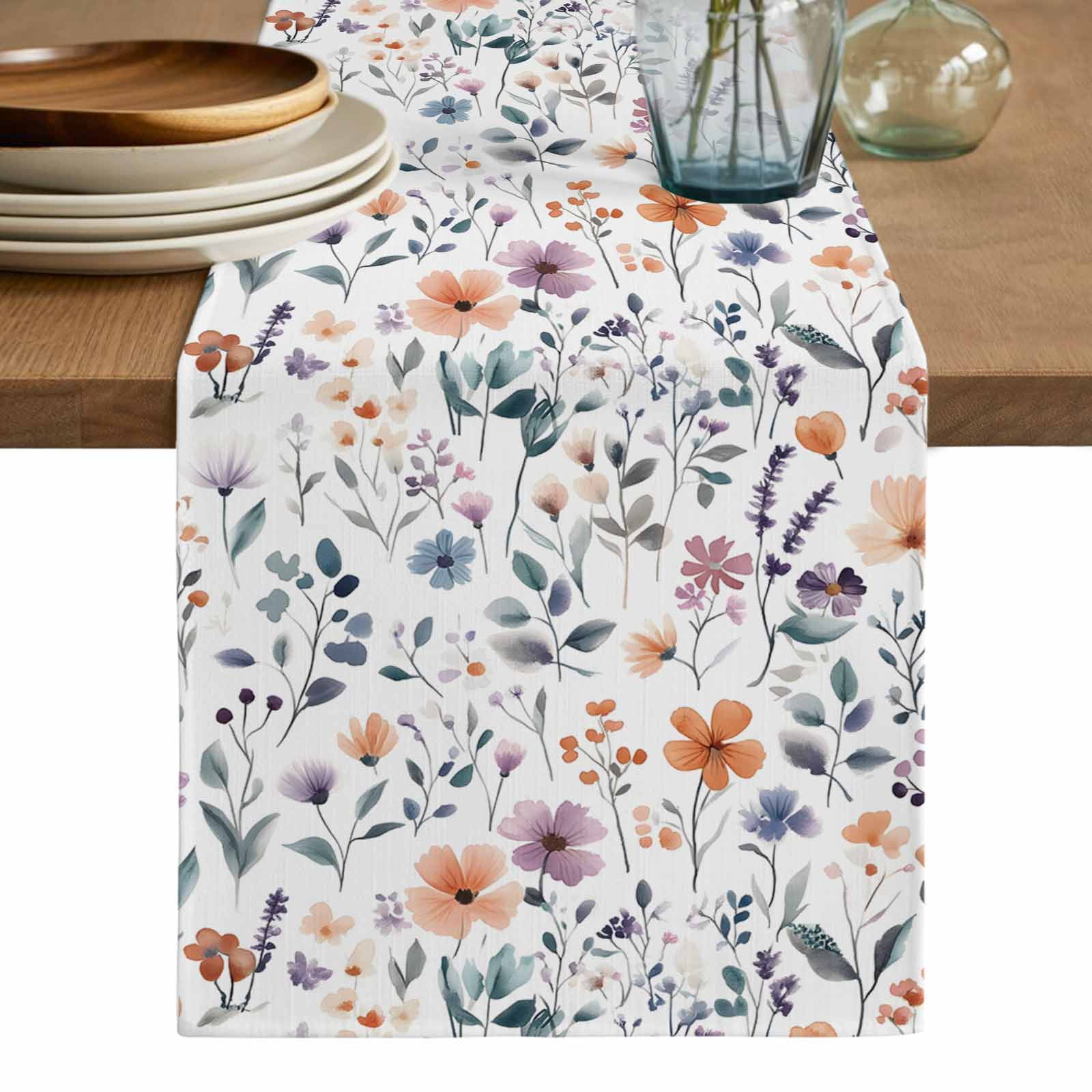 Purple Flower Table Runner, Retro Country Flower Spring Leaf Botanical ...