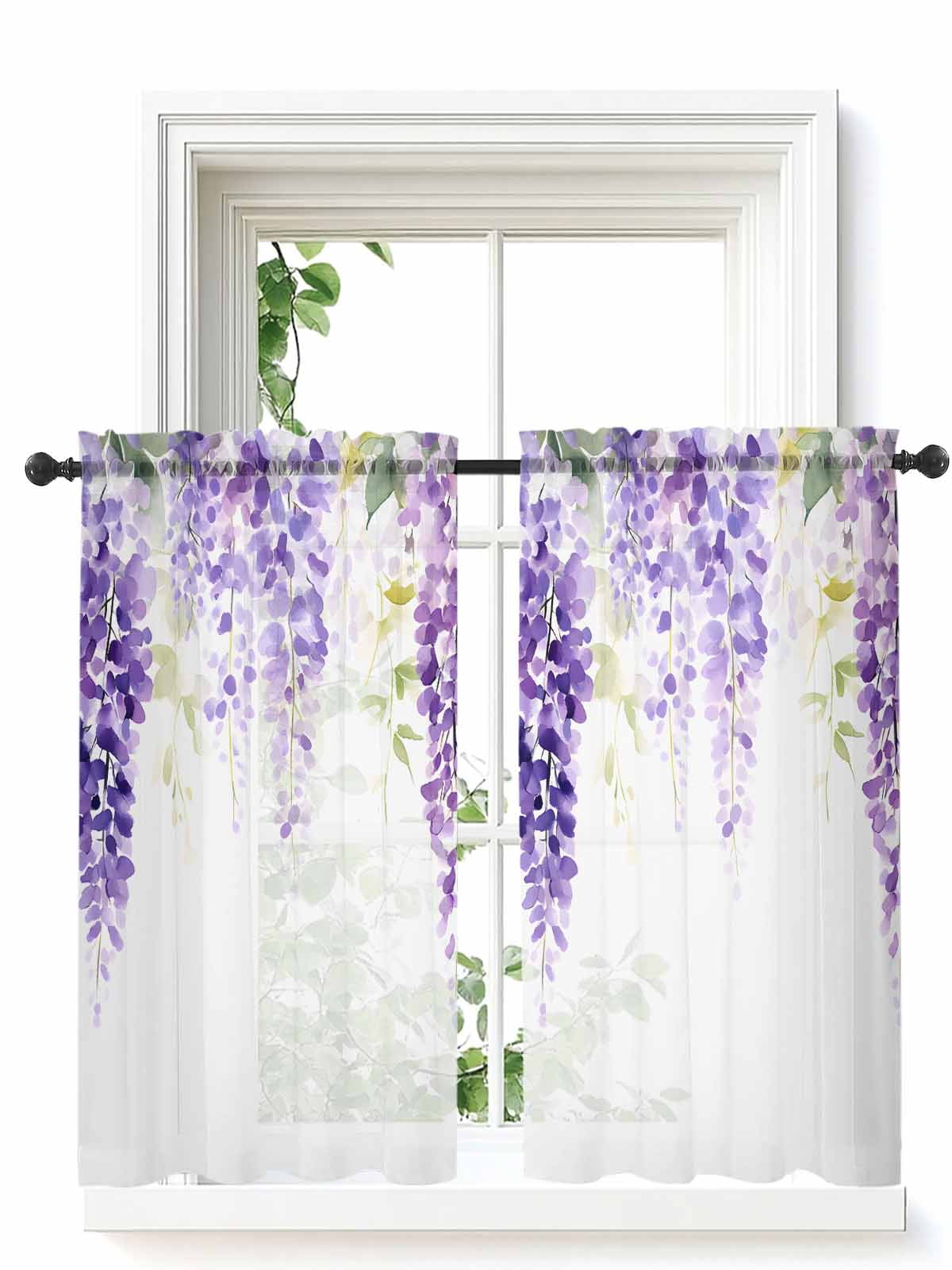 Purple Flower Tier Curtains 45 Inch Length,Sheer Curtains for Bedroom ...