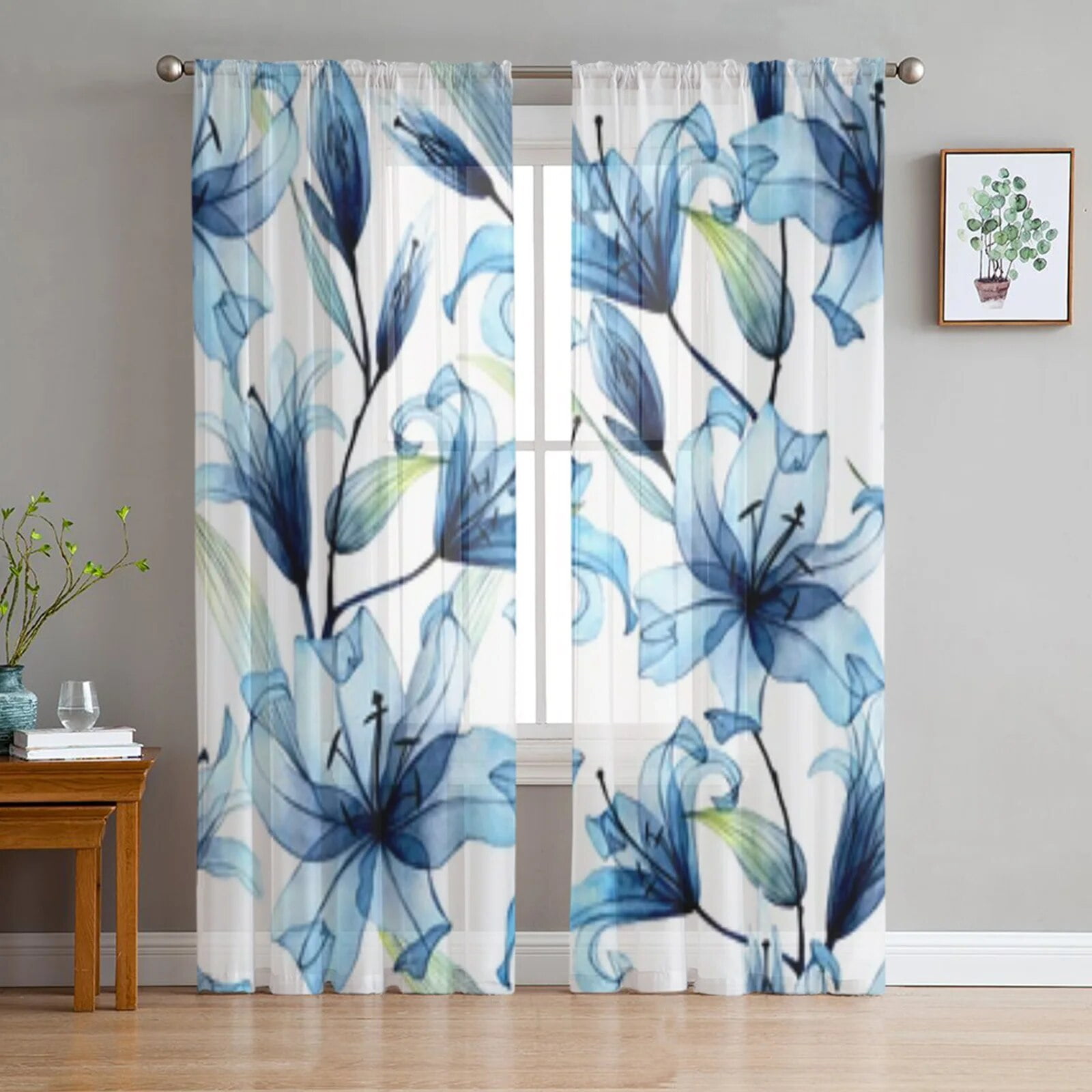 Purple Flower White Tulle Window Curtain for Living Room Modern Sheer ...