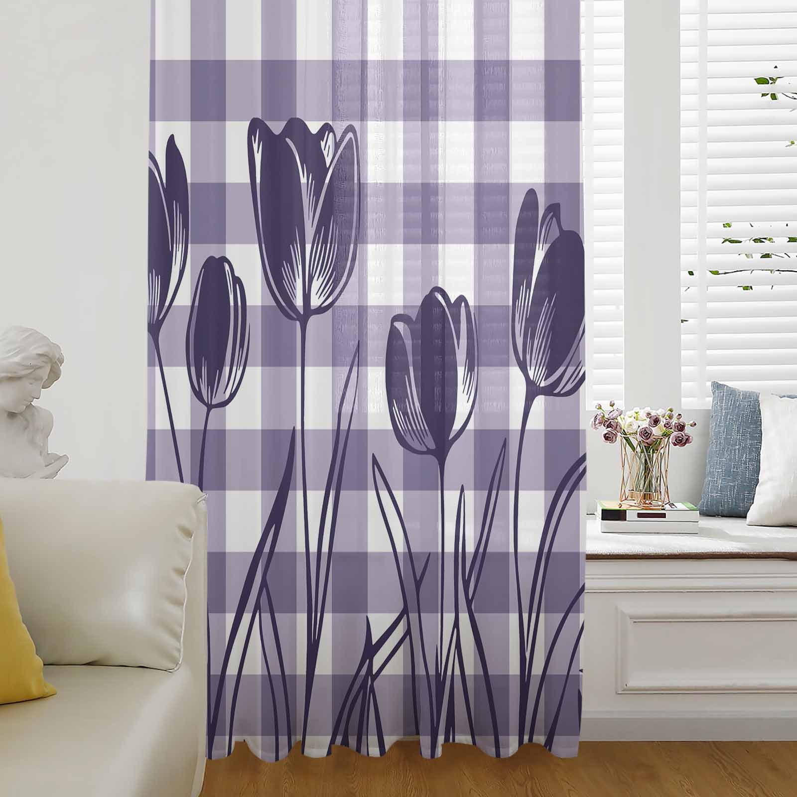 Purple Flower Window Curtain 63 Inches Long,Tulip Floral Country Plaid ...