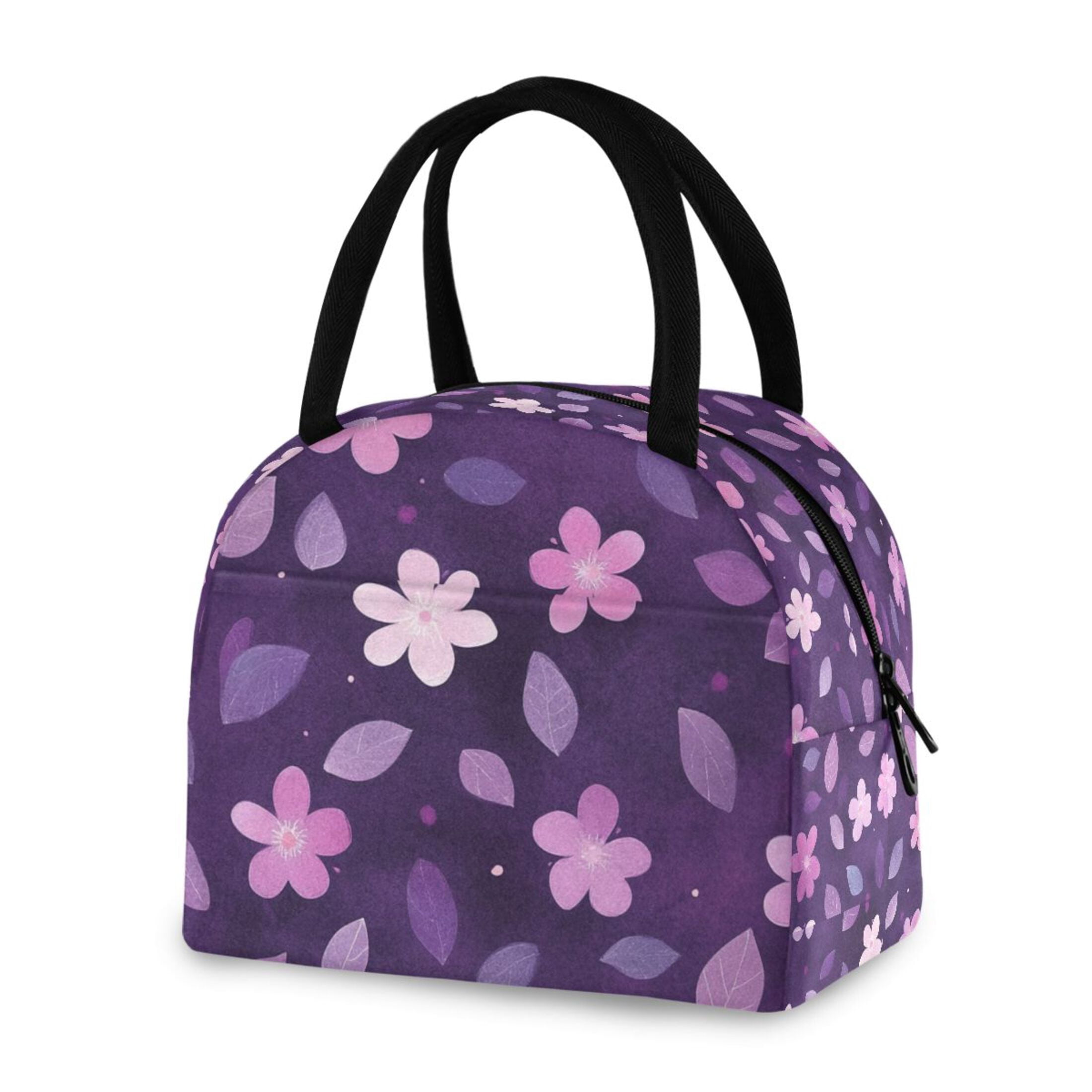 Purple Flower and Leaf Insulated Lunch Bag for Women Portable Lunch Box ...