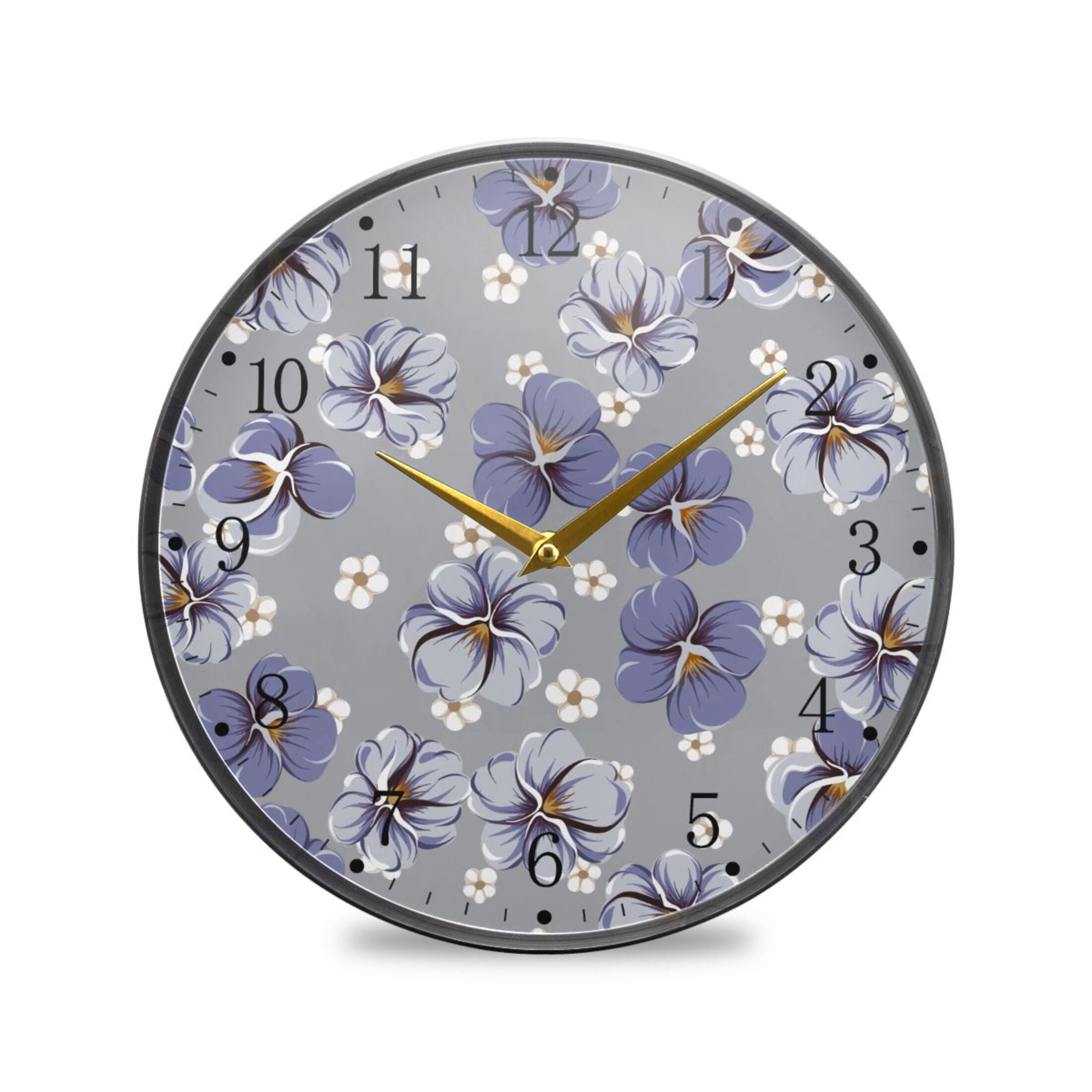 Purple Flowers Acrylic Wall Clocks Quiet Round Clock Battery Operated ...