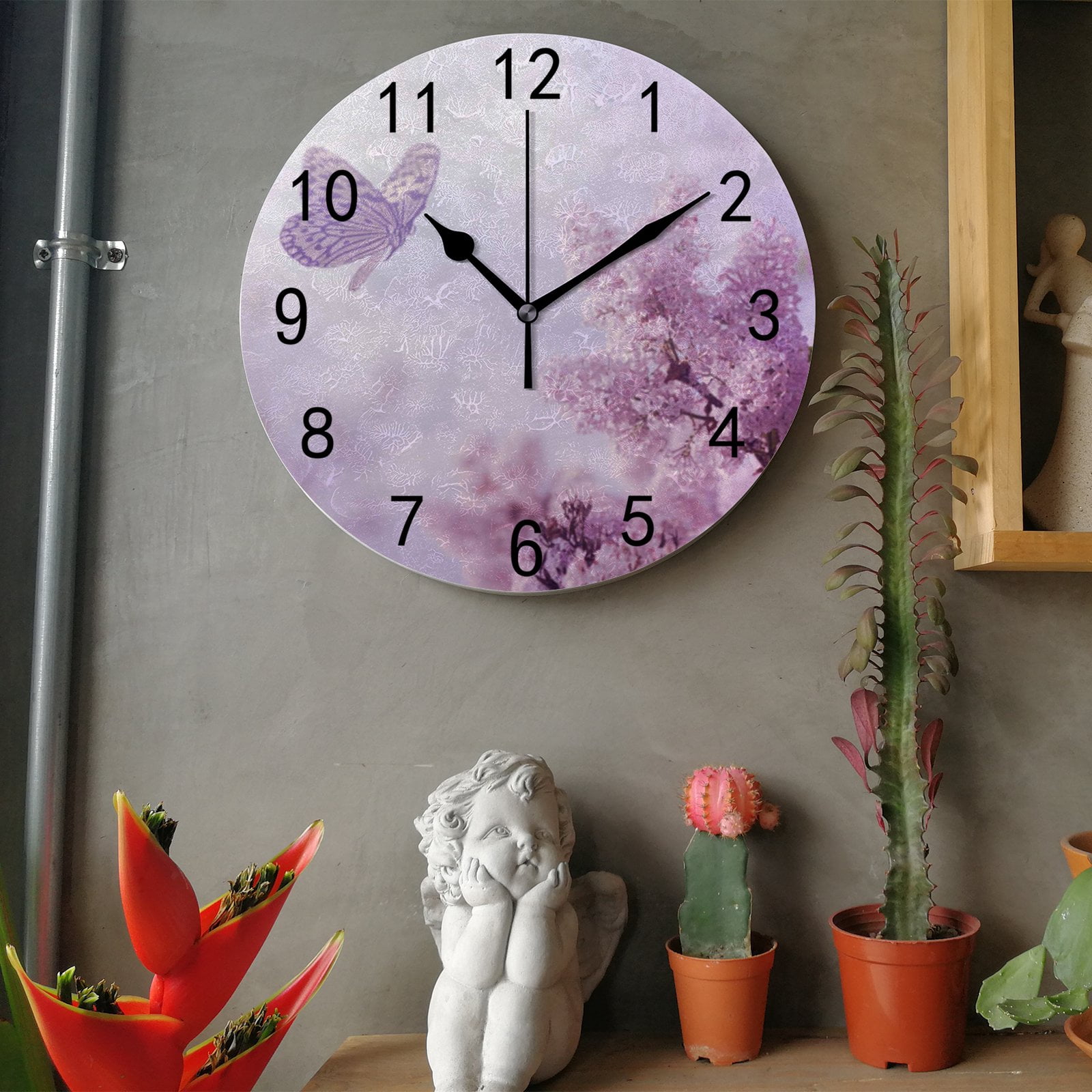 Purple Flowers And Butterfly Kitchen Wall Clock, Silent Non Ticking 10 ...