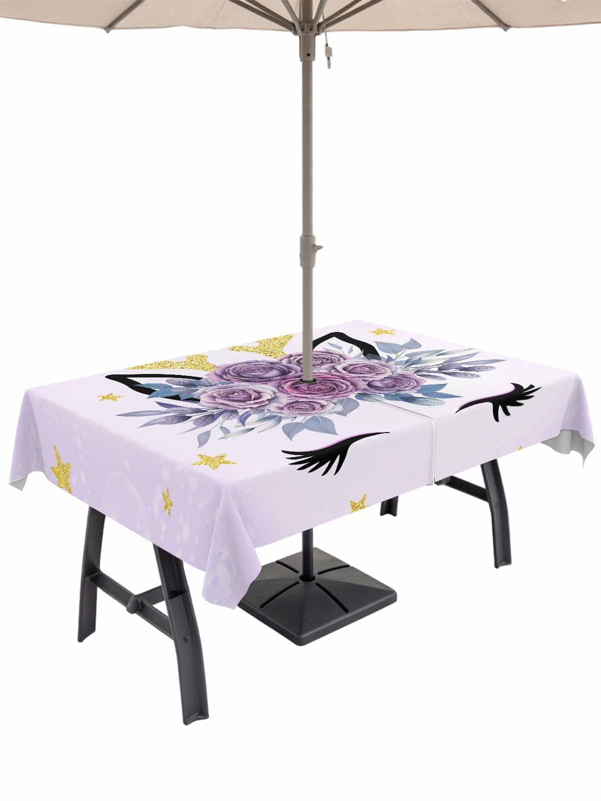 Purple Flowers Antlers Rectangle Outdoor Tablecloth with Umbrella Hole ...