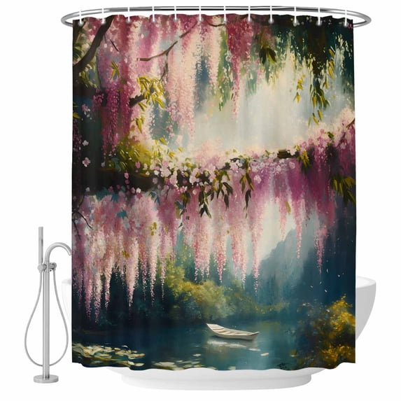 Purple Flowers Bathroom Shower Curtains with Hooks, Forest Lake Boat ...