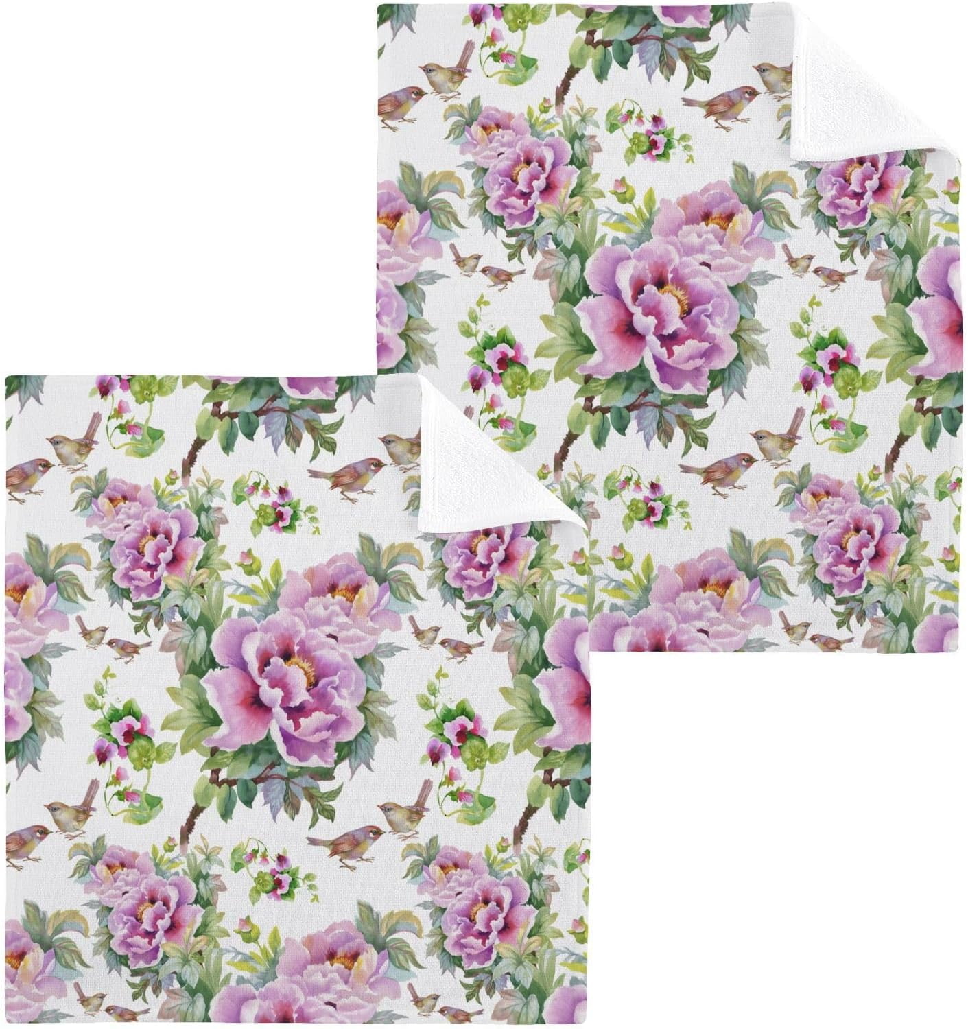 Purple Flowers Birds Washcloth 12x12in Set, 2 Pack Absorbent Cotton ...