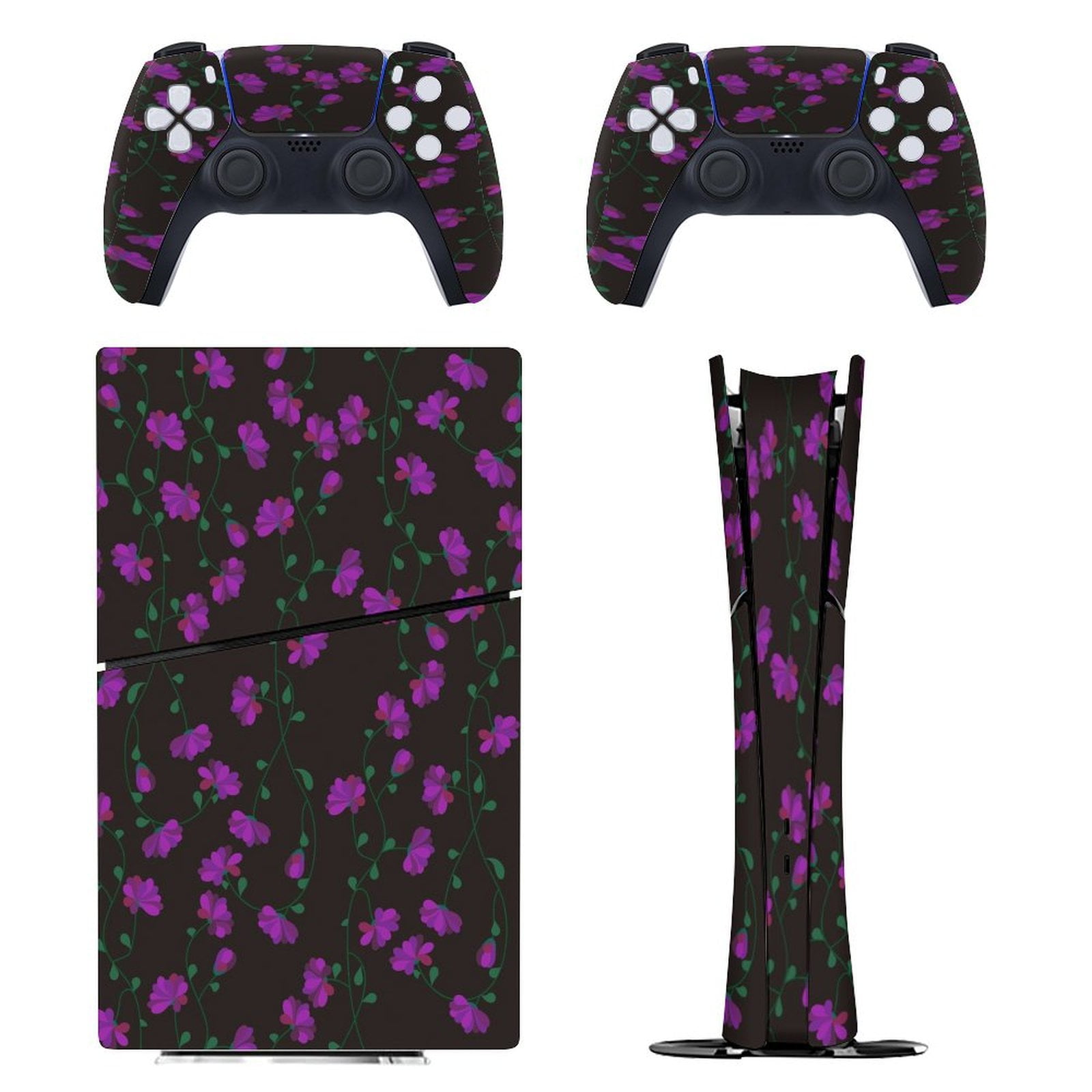 Purple Flowers, Black Background, Vines PS5/PS5 Slim Digital Disc Skin ...