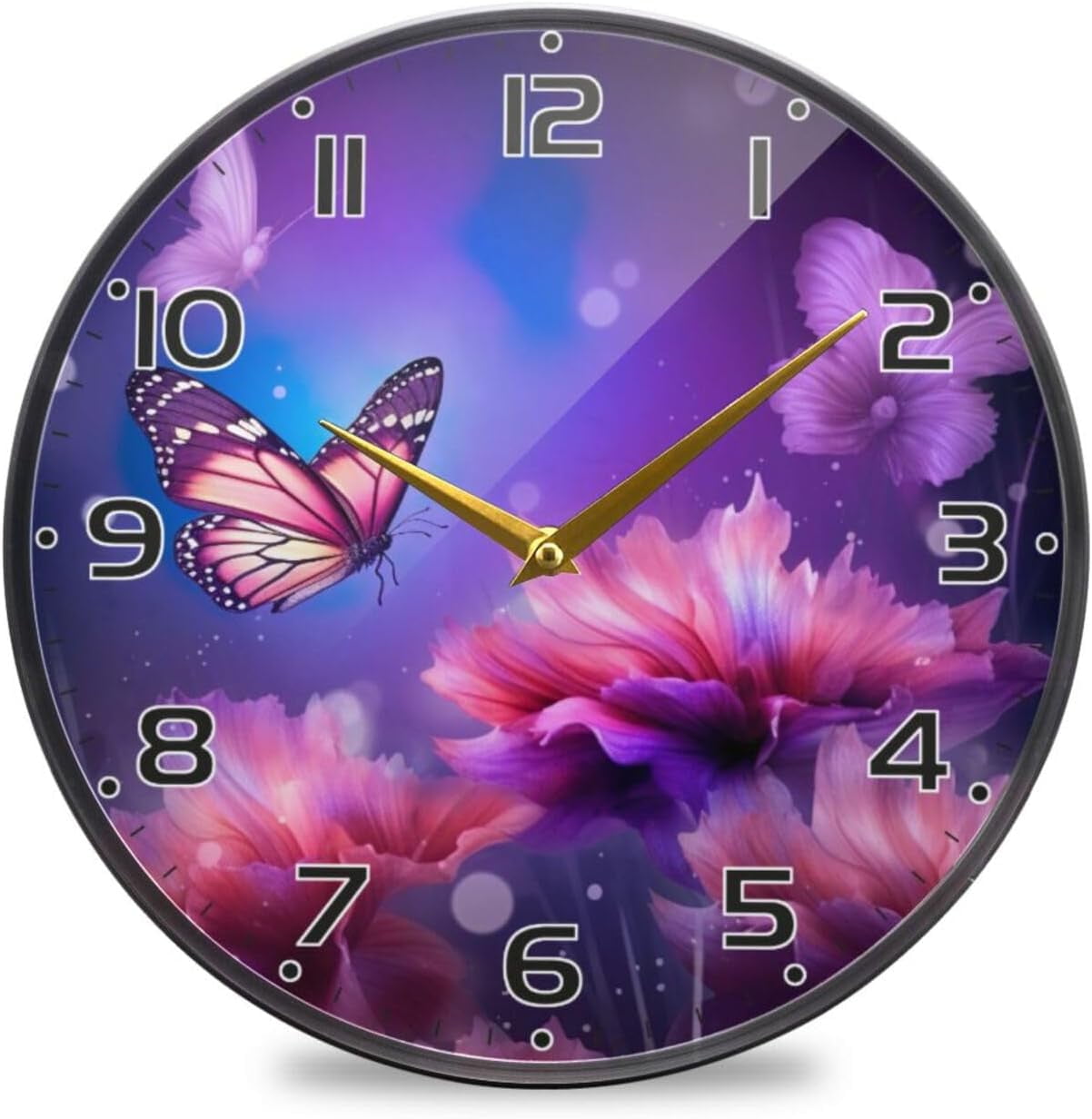 Purple Flowers Butterflies Wall Clock Round Silent Non Ticking Battery ...