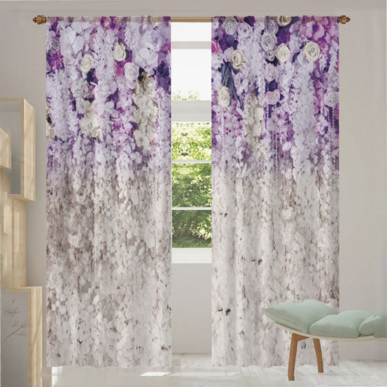 Purple Flowers Curtains for Living Room Bedroom Decor Transparent ...