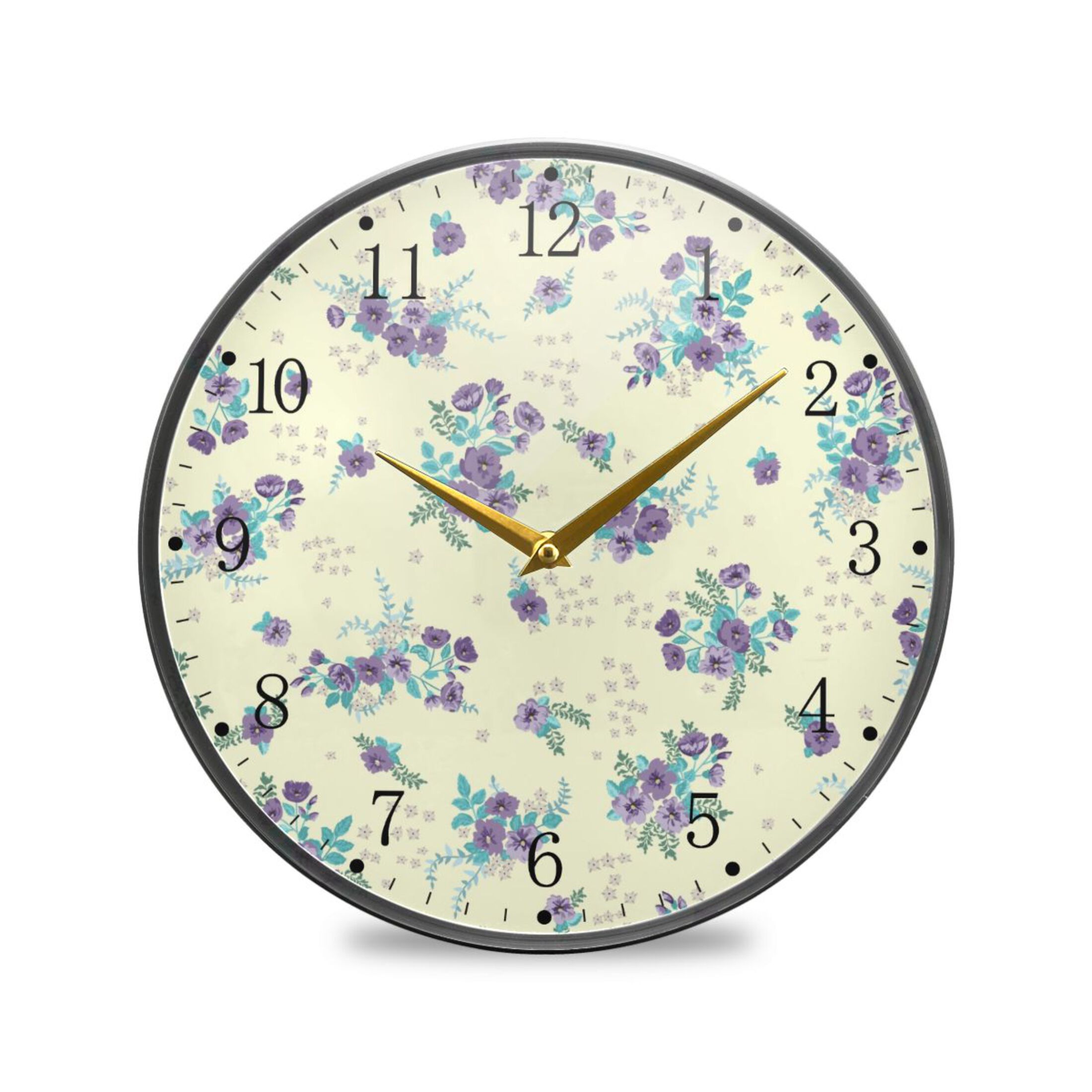 Purple Flowers Floral Pattern Acrylic Wall Clocks Quiet Round Clock ...
