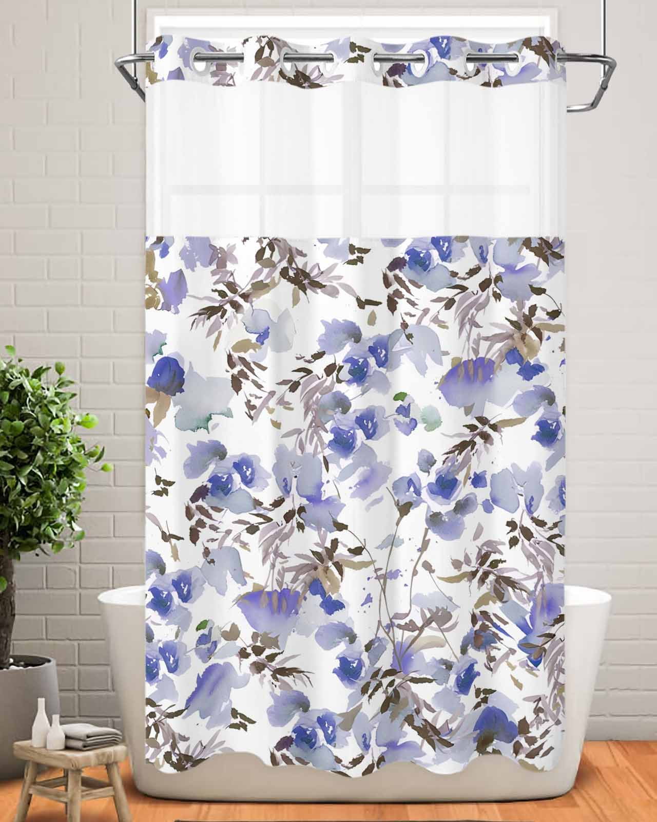 Purple Flowers No Hook Shower Curtain with Snap in Liner, Farmhouse ...