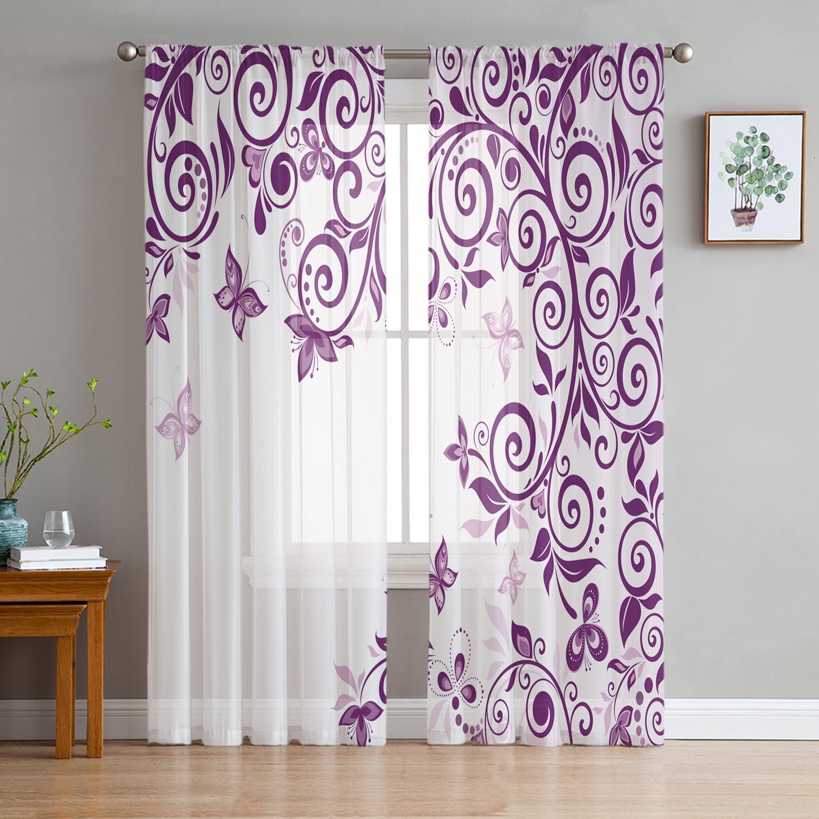 Purple Flowers Ink Sheer Curtains for Girl Kids Bedroom Kitchen Window ...
