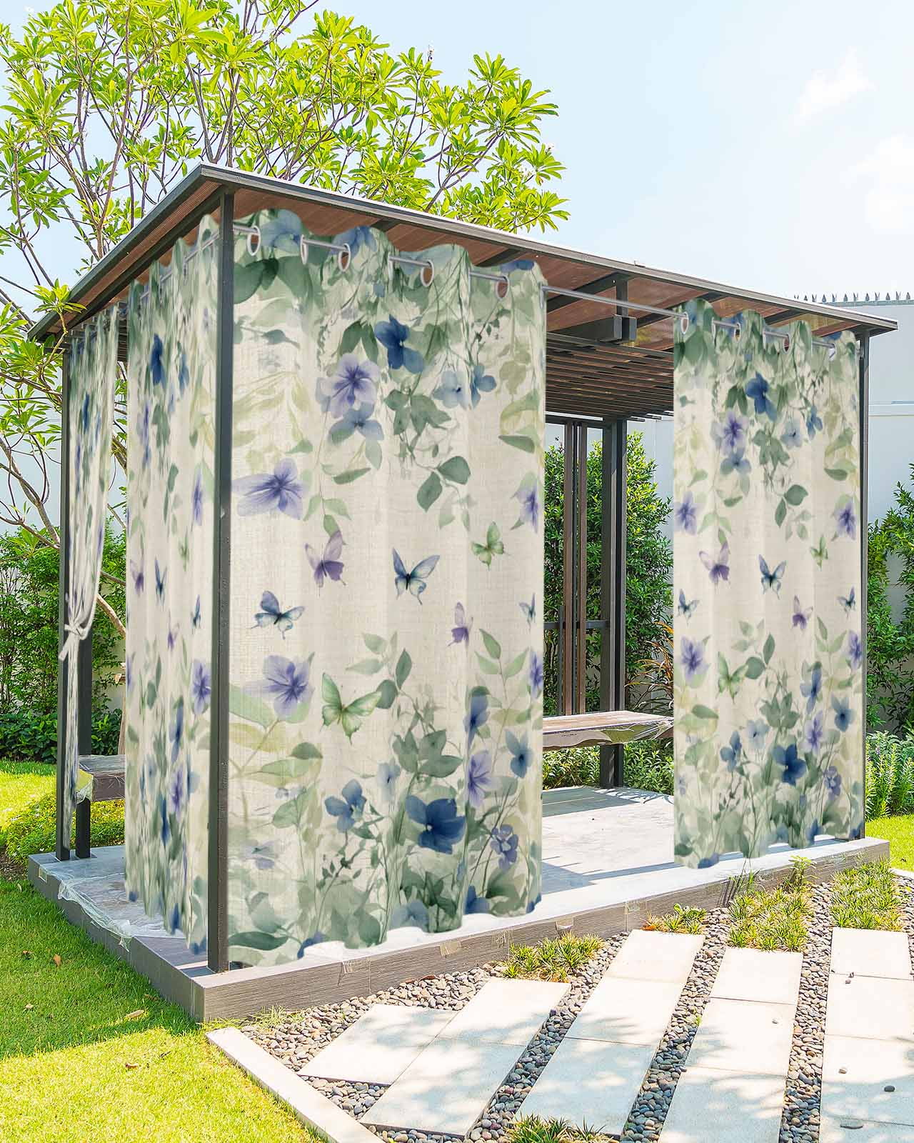 Purple Flowers Outdoor Curtains for Patio, Butterfly Watercolor Leaf ...