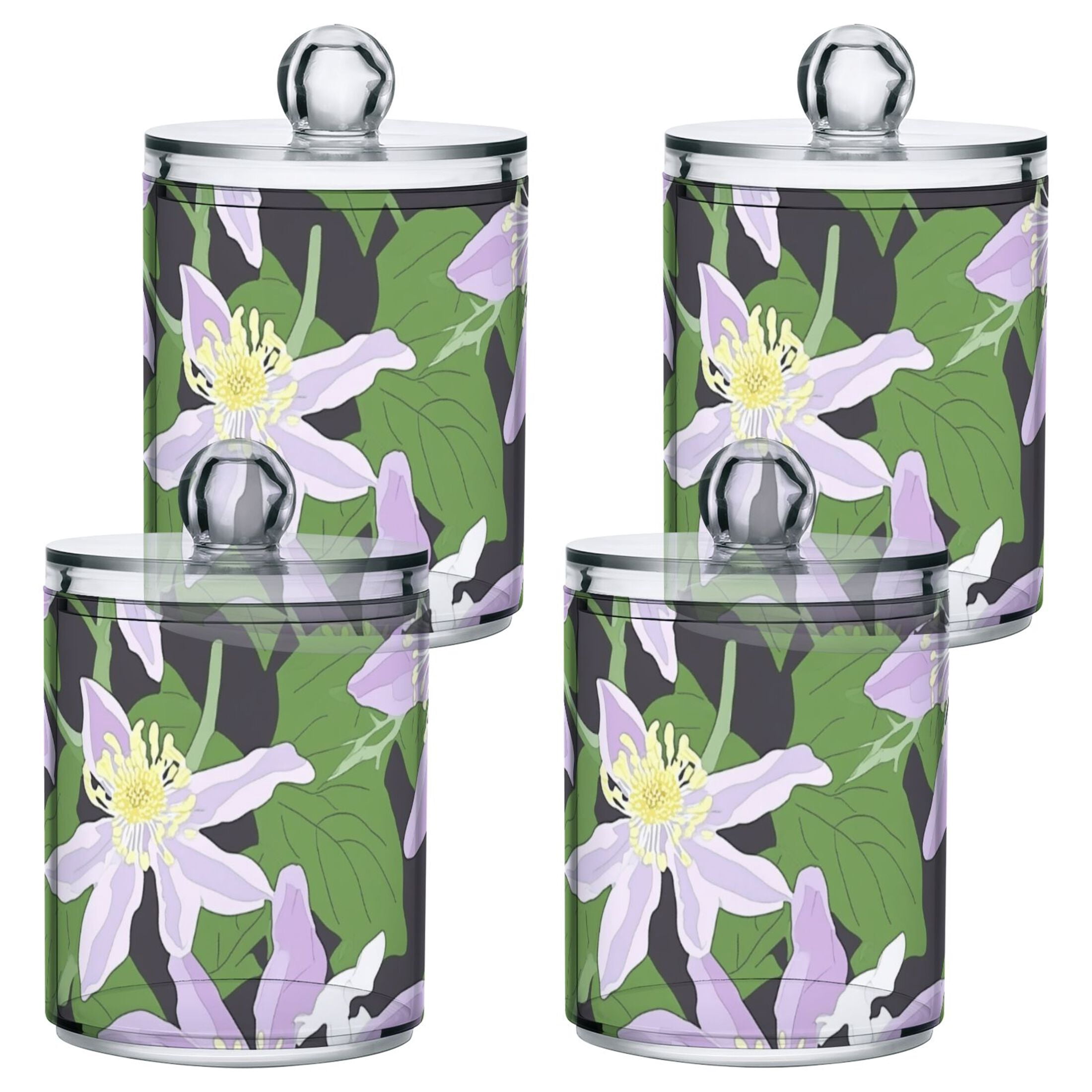 Purple Flowers Pattern Bathroom Canisters Set of 4 Translucent Plastic ...