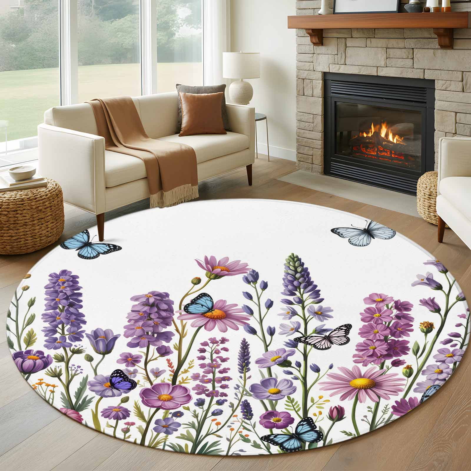 Purple Flowers Round Rug 7ft Washable Circle Rugs Non Slip Spring ...