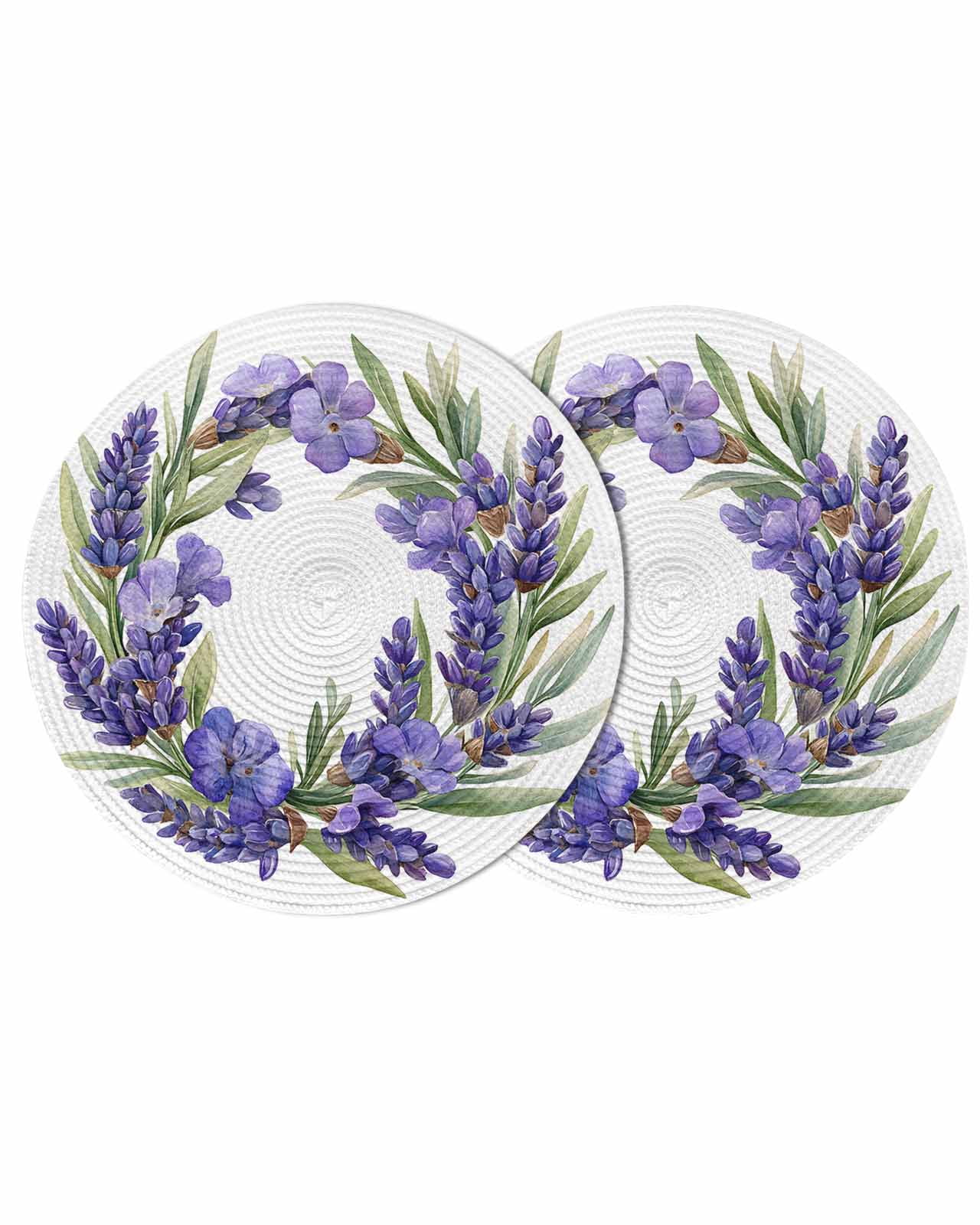 Purple Flowers Round Table Placemats set of 2, White Washable Woven ...
