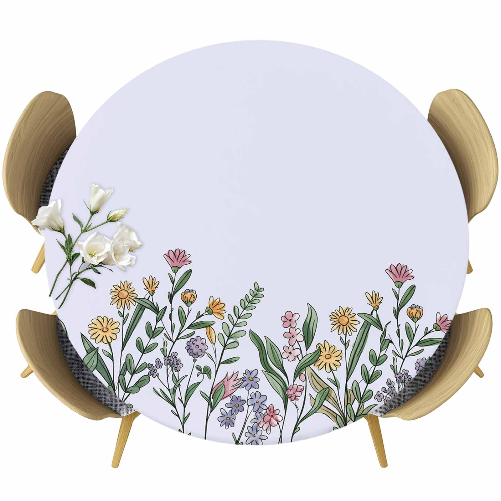 Purple Flowers Round Tablecloth, Fitted Table Cover with Elastic for 45 ...