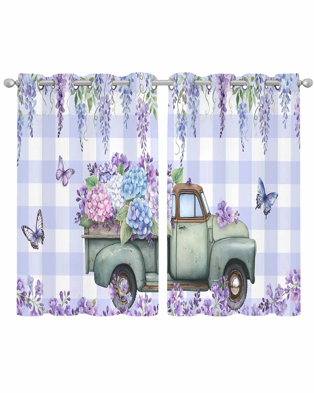 Purple Flowers Sheer Curtains 45 Inch Length 2 Panels Set for Living ...