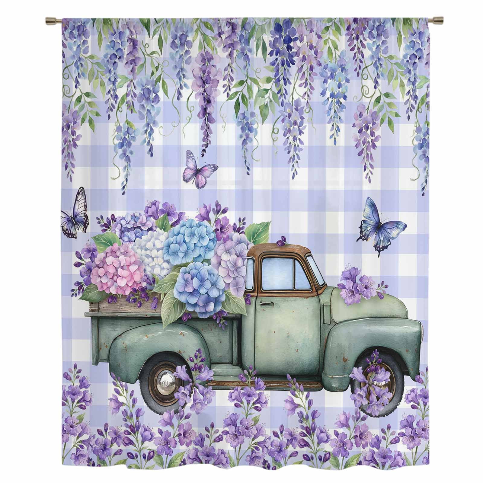 Purple Flowers Sheer Curtains 45" Long, Weeping Spring Floral Truck ...