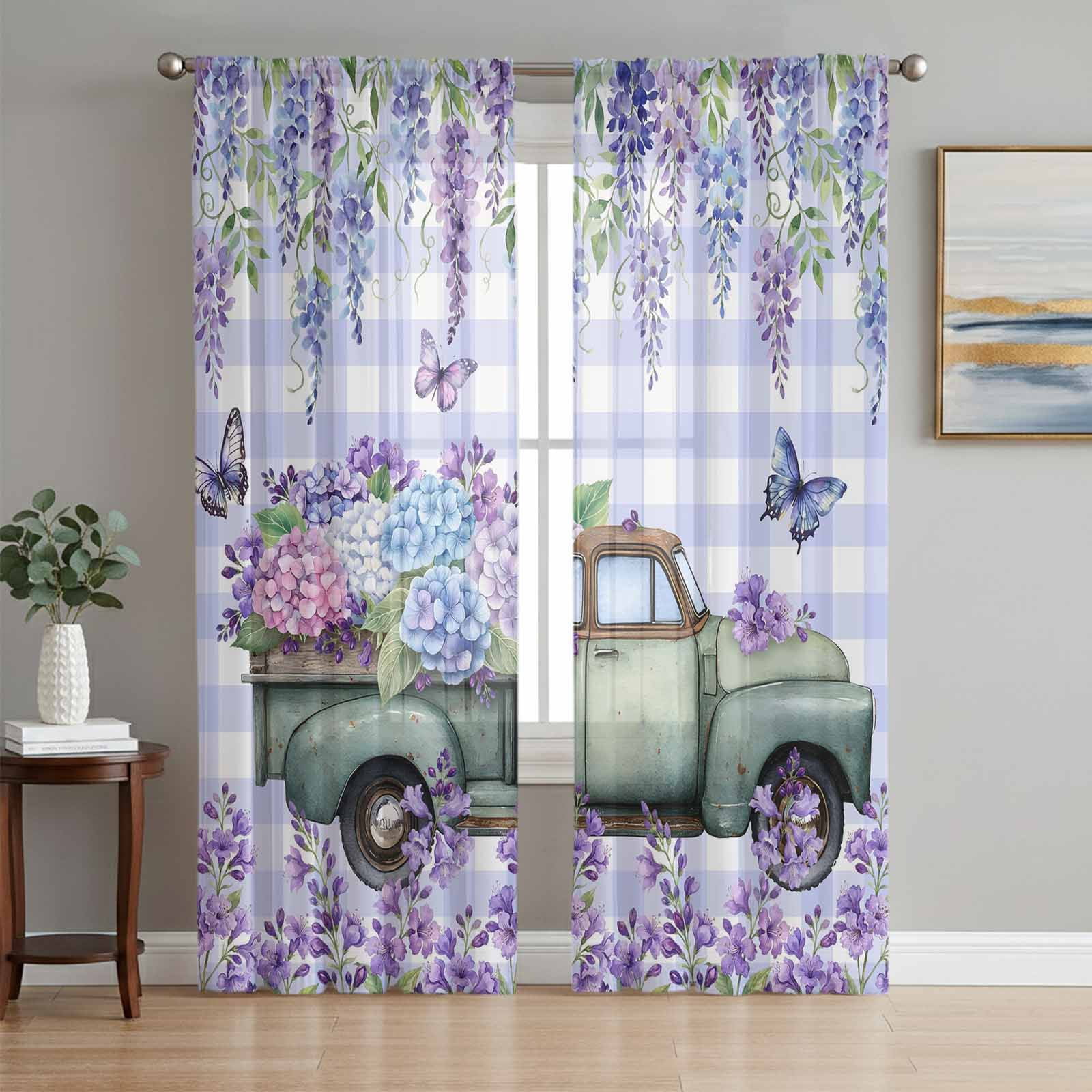Purple Flowers Sheer Curtains 84 Inch Length 2 Panels Set Window ...