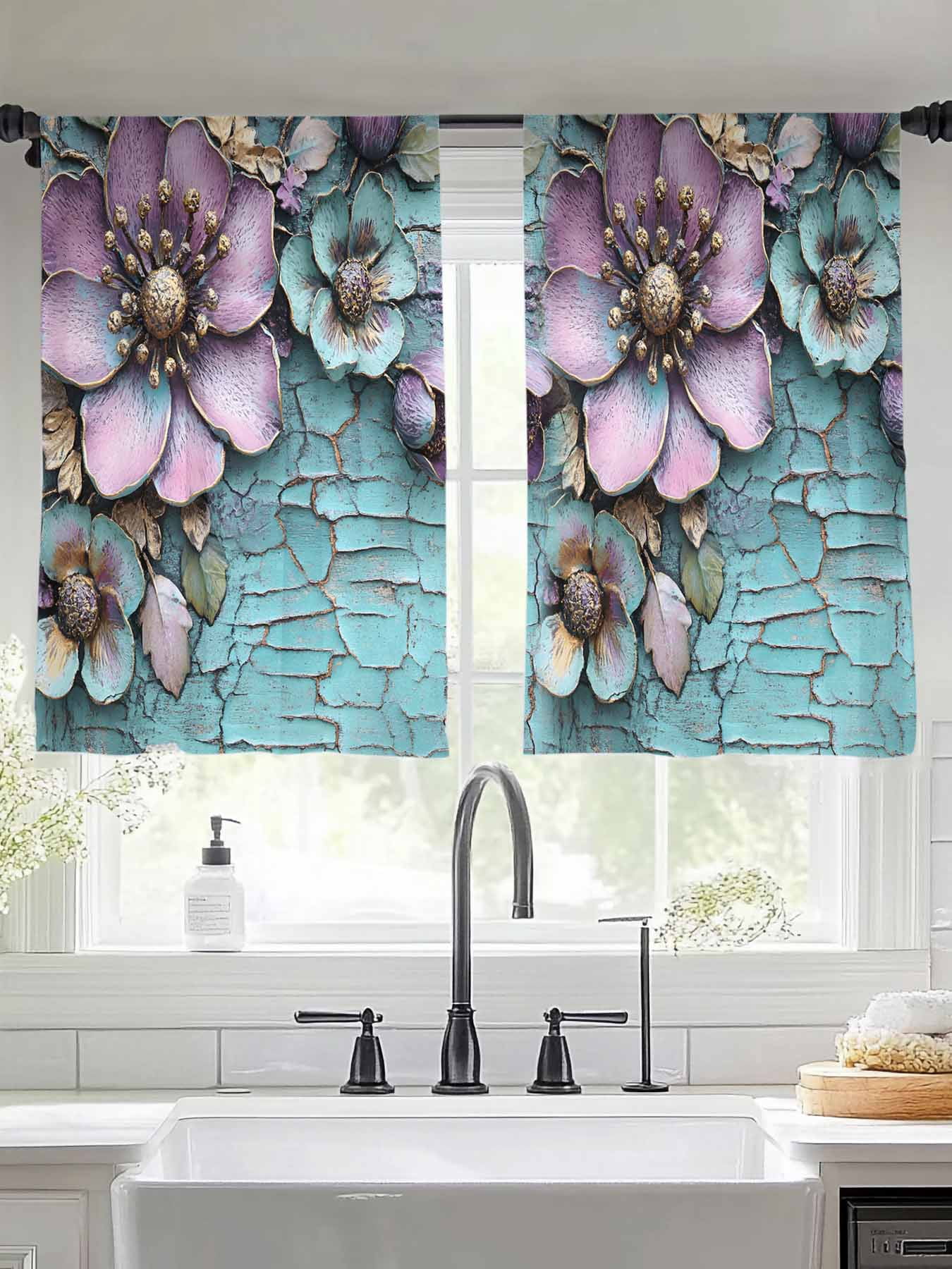Purple Flowers Sheer Curtains for Living Room Bedroom Retro Floral ...