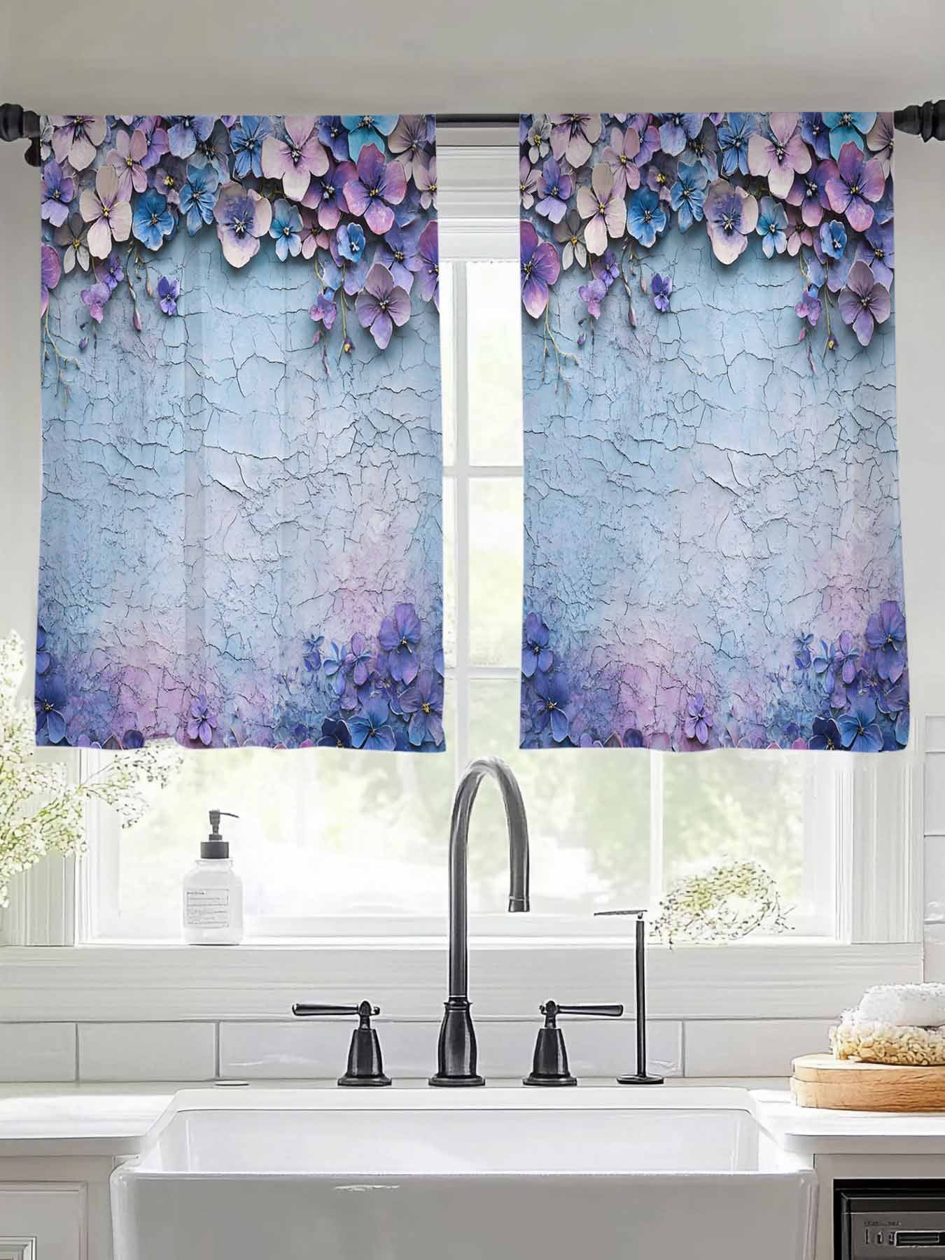 Purple Flowers Sheer Curtains for Living Room Bedroom Vintage Blue ...