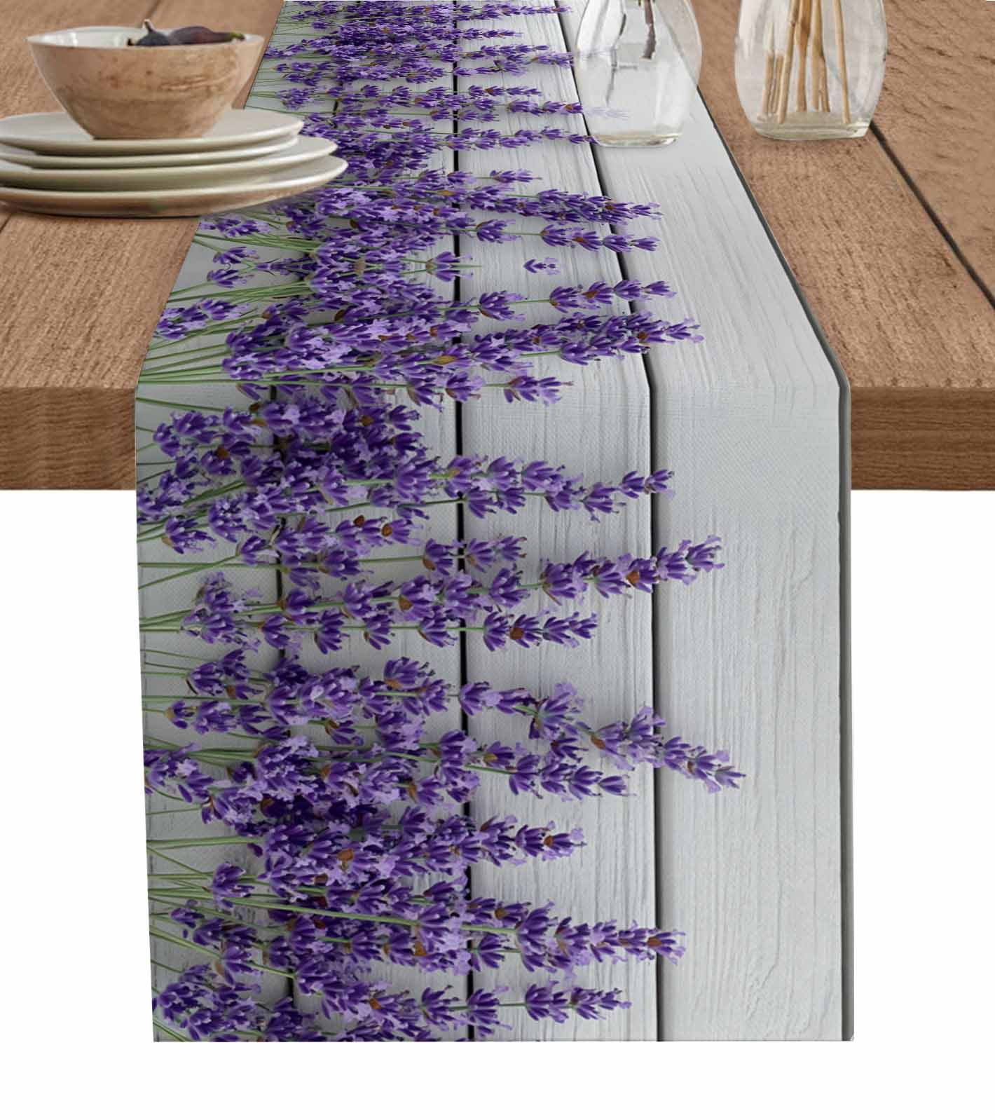 Purple Flowers Table Runner 108 Inches, Rustic Pastoral Botanical ...