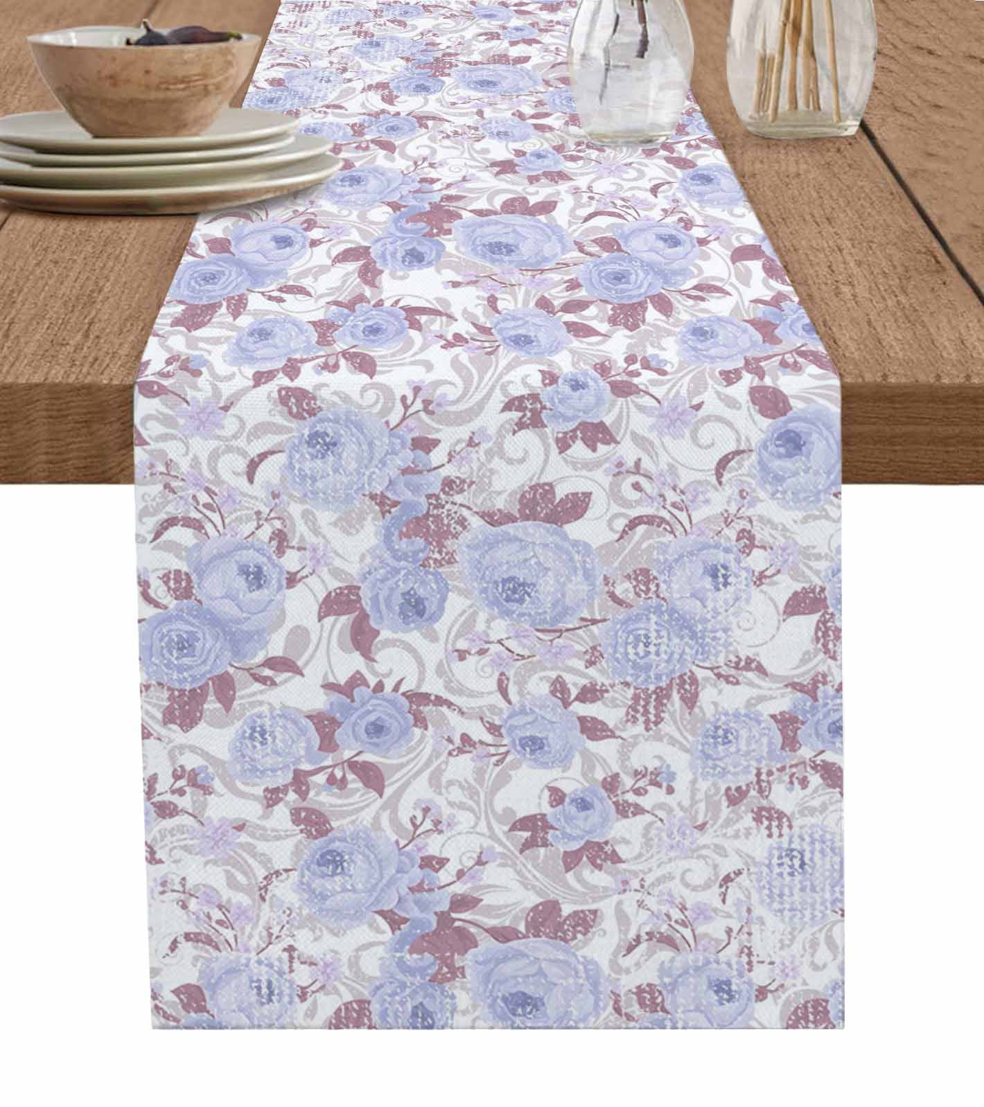 Purple Flowers Table Runner 72 Inches, Romantic Botanical Floral Plants ...