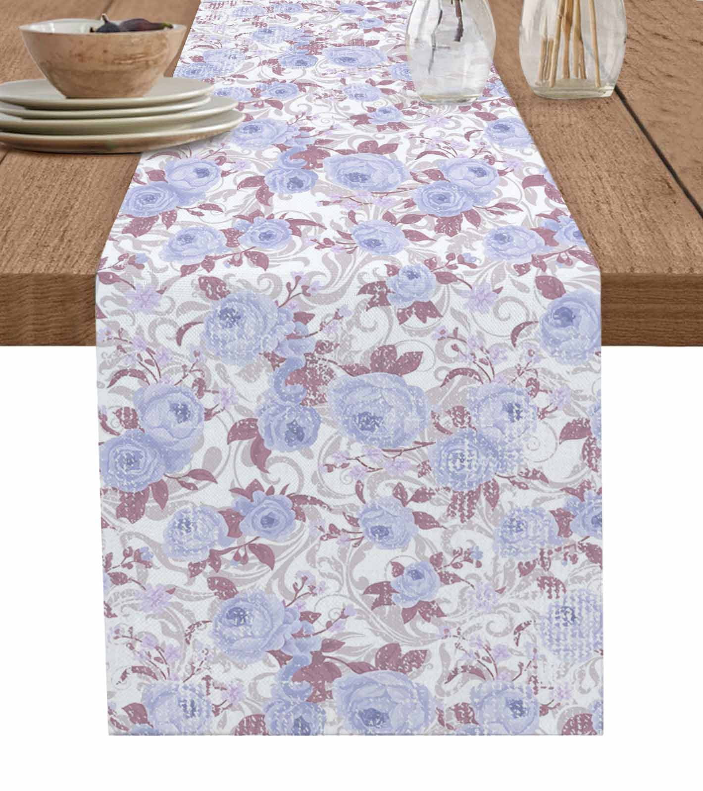 Purple Flowers Table Runner 90 Inches, Romantic Botanical Floral Plants ...