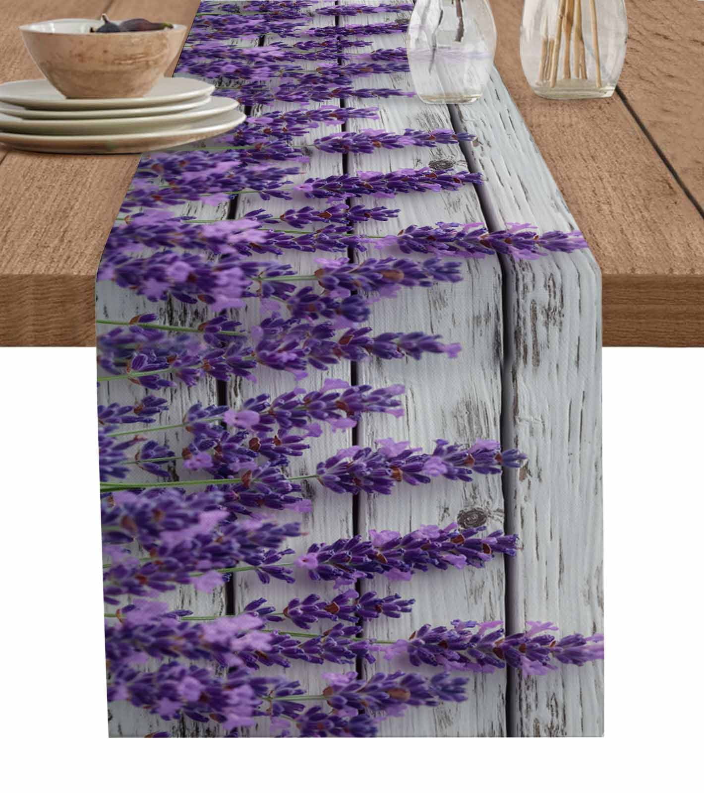 Purple Flowers Table Runner 90 Inches, Spring Botanical Floral Wooden ...