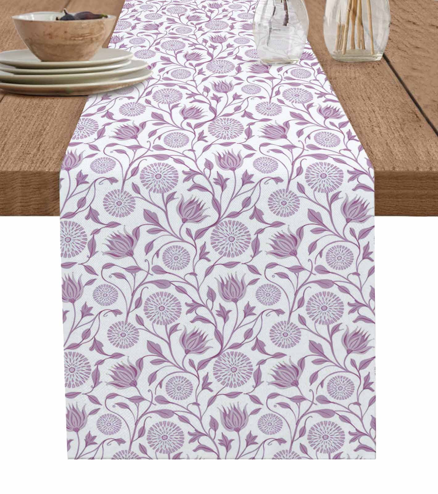 Purple Flowers Table Runner 90 Inches, Vintage Country Plants Floral ...