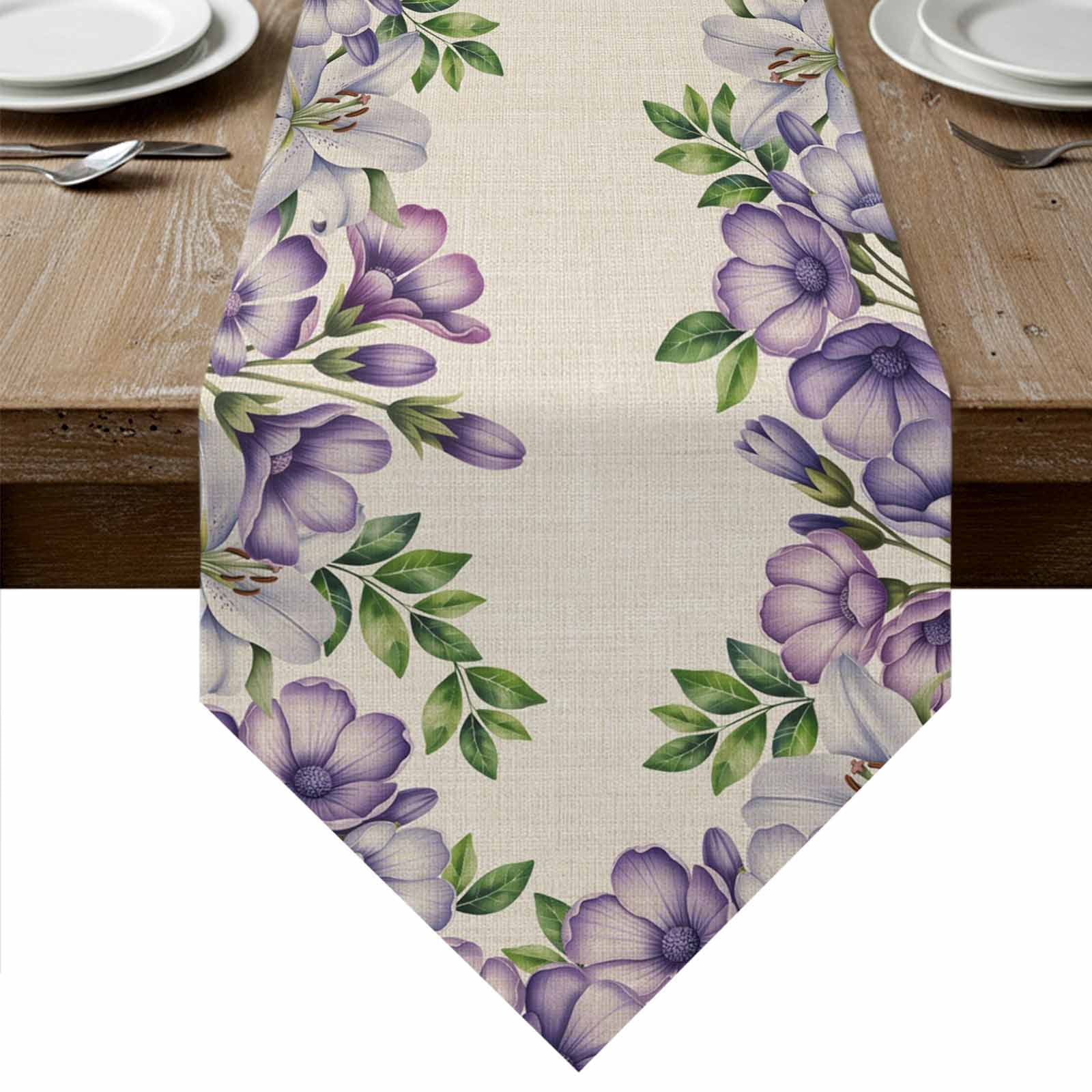 Purple Flowers Table Runner Linen Burlap Table Runner 108 Inches Long ...