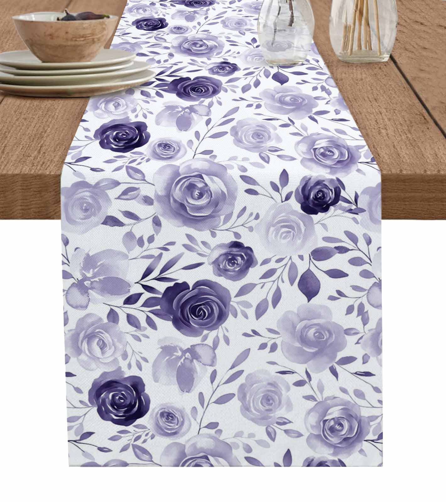 Purple Flowers Table Runner Watercolor Farmhouse Botanical Floral Leaf ...