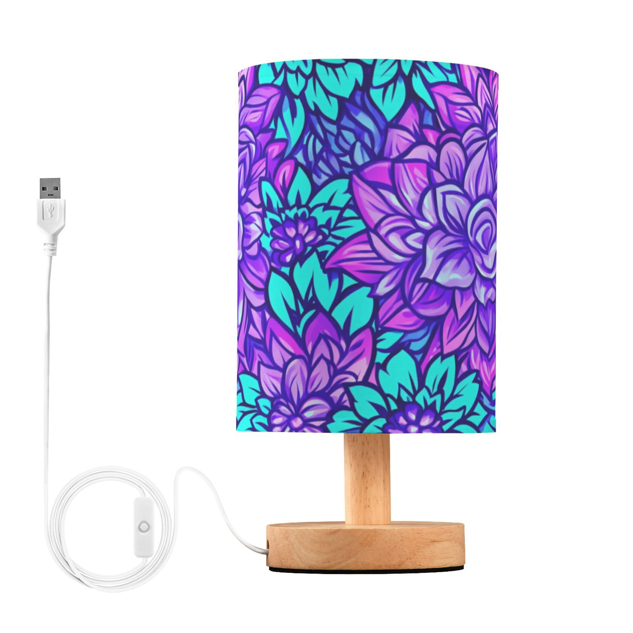 Purple Flowers USB Powered Canvas Shade Desk Lamp LED Light with Stable ...